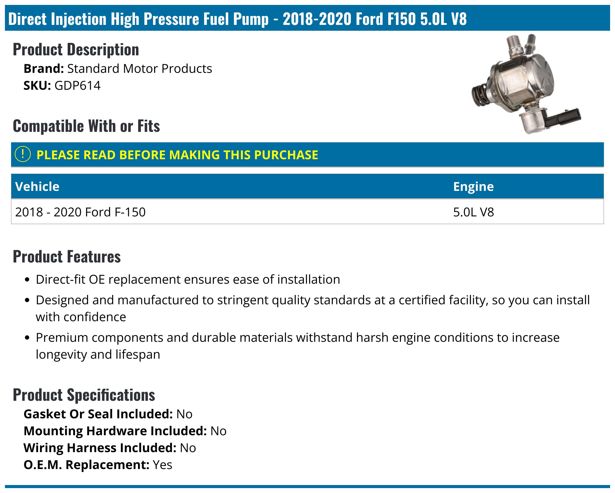 2018-2020 Ford F150 Fuel Pump - Standard Motor Products GDP614 ...