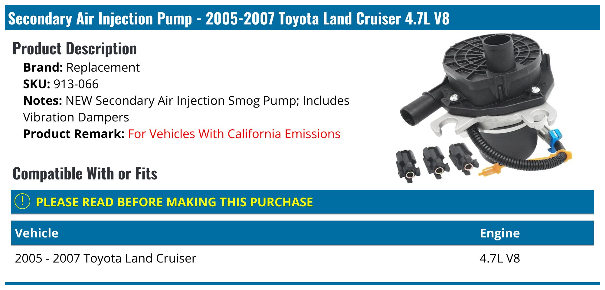 2005-2007 Toyota Land Cruiser Air Pump - Replacement 913-066 ...