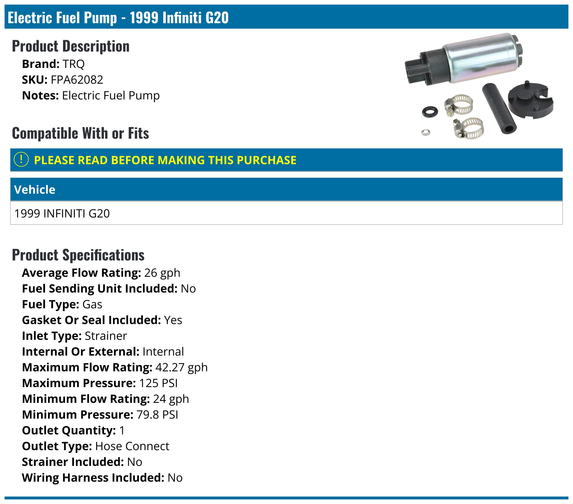 1999 Infiniti G20 Fuel Pump - TRQ FPA62082 - PartsGeek.com