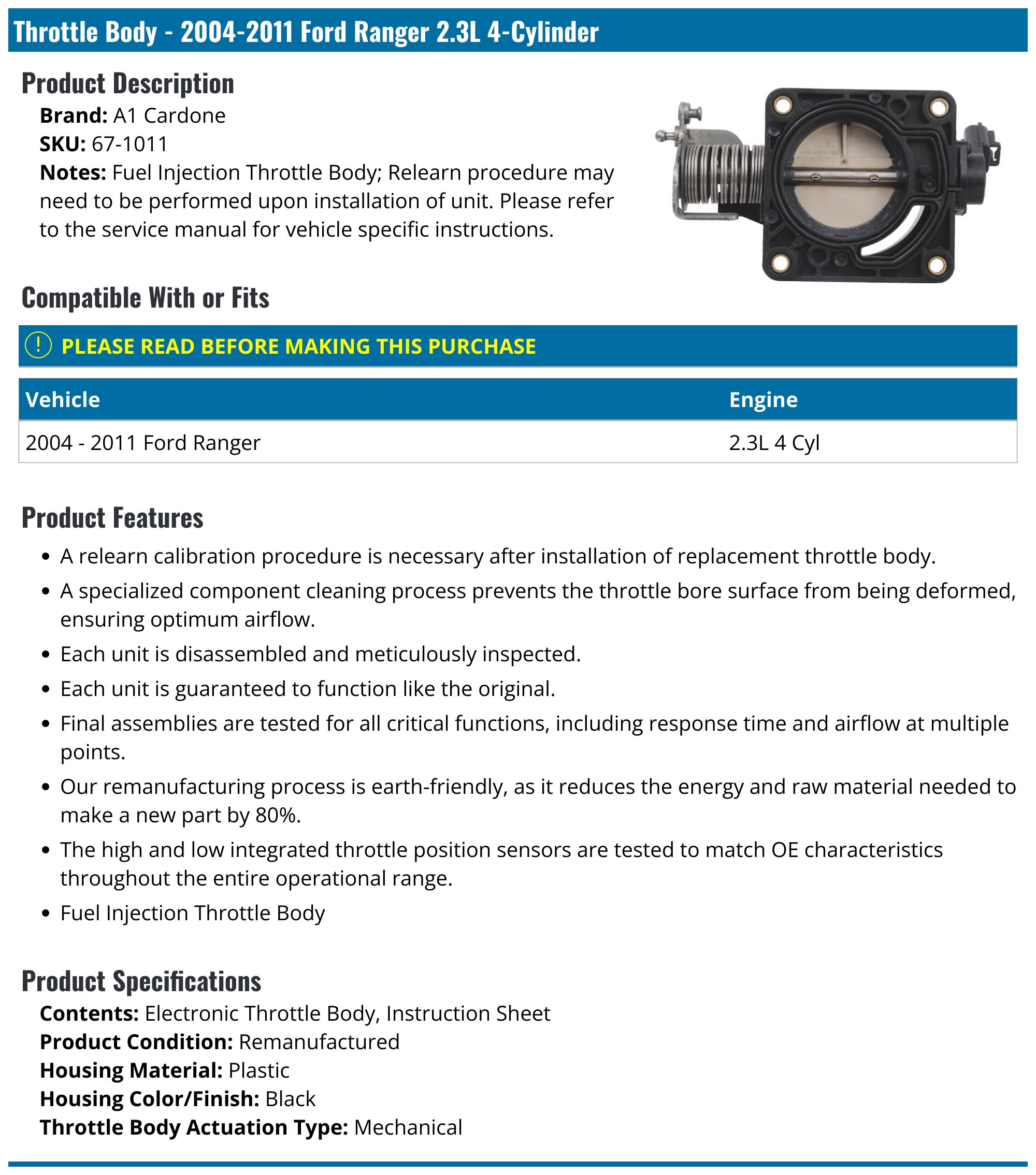 2004-2011 Ford Ranger Throttle Body - A1 Cardone 67-1011 - PartsGeek.com