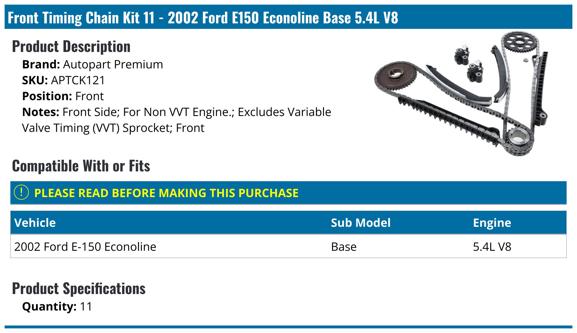 2002 Ford E150 Econoline Timing Chain - Autopart Premium APTCK121 ...