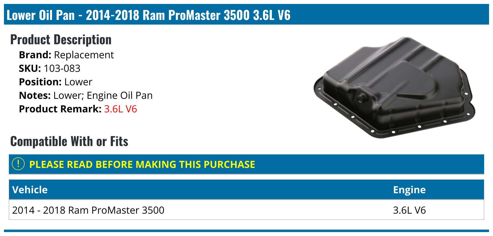 2014-2018 Ram ProMaster 3500 Oil Pan - Replacement 103-083 - Lower ...