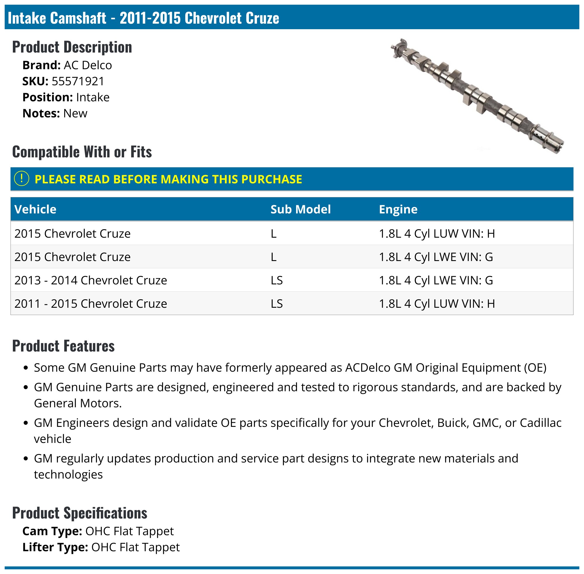 2011-2015 Chevrolet Cruze Camshaft - AC Delco 55571921 - Intake ...