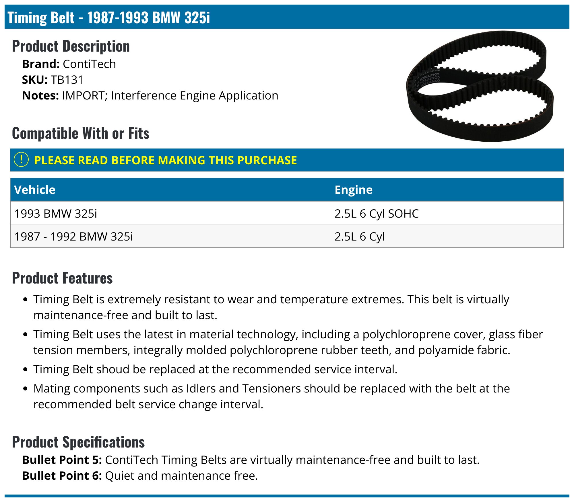 1987-1993 BMW 325i Timing Belt - ContiTech TB131 - PartsGeek.com
