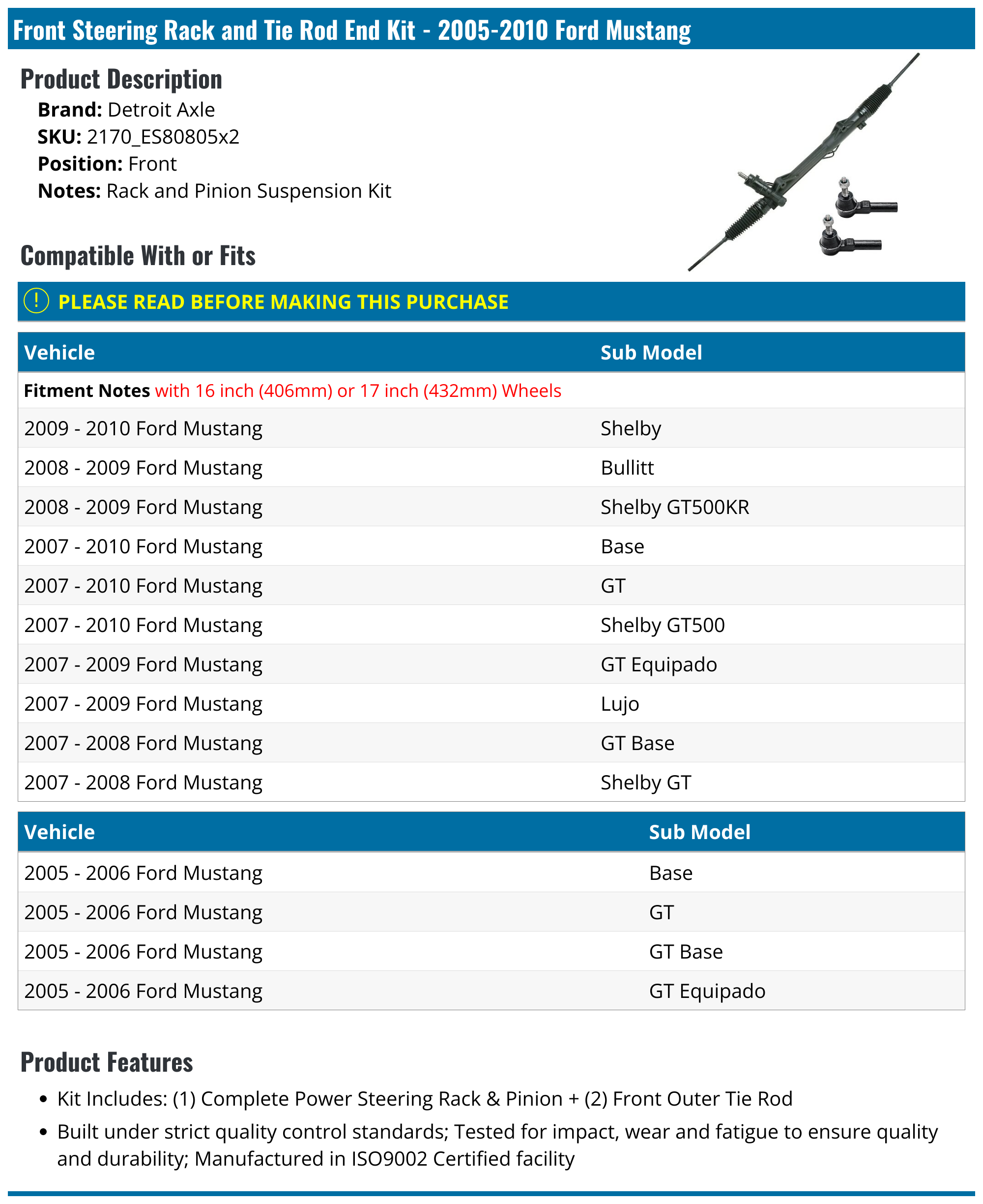 2005-2010 Ford Mustang Steering Rack - Detroit Axle 2170_ES80805x2 ...