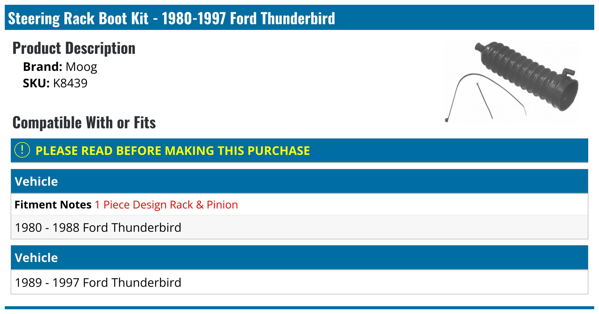1980-1997 Ford Thunderbird Steering Rack Boot Kit - Moog K8439 ...