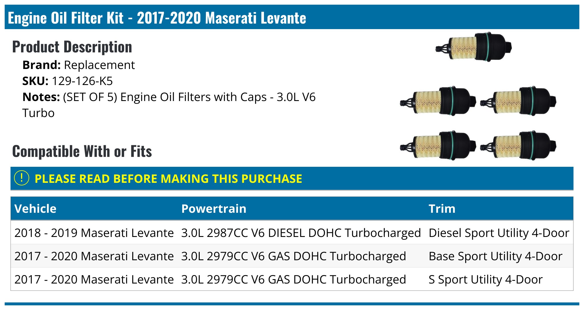 2017-2020 Maserati Levante Oil Filter - Replacement 129-126-K5 ...