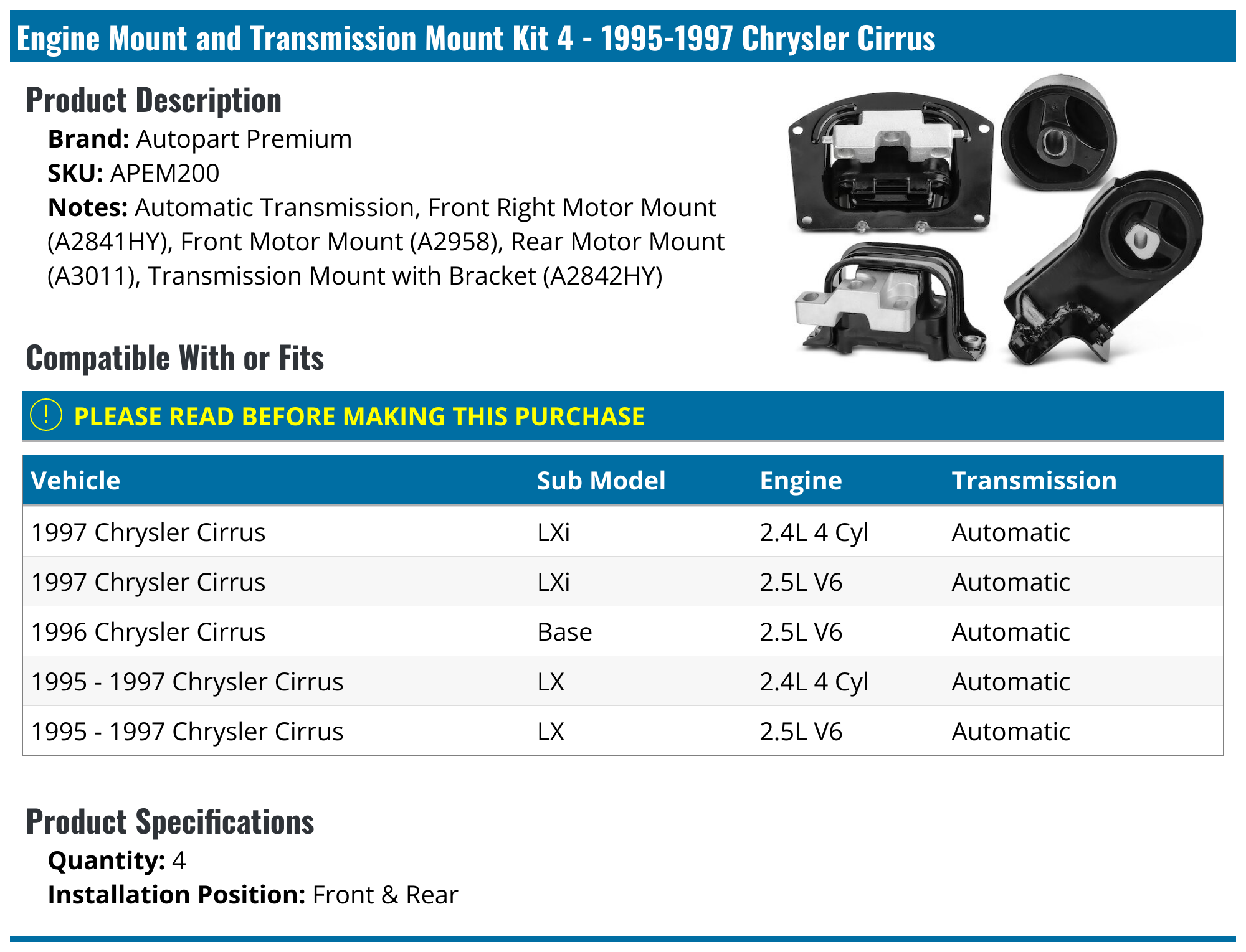 1995-1997 Chrysler Cirrus Engine Mount - Autopart Premium APEM200 ...