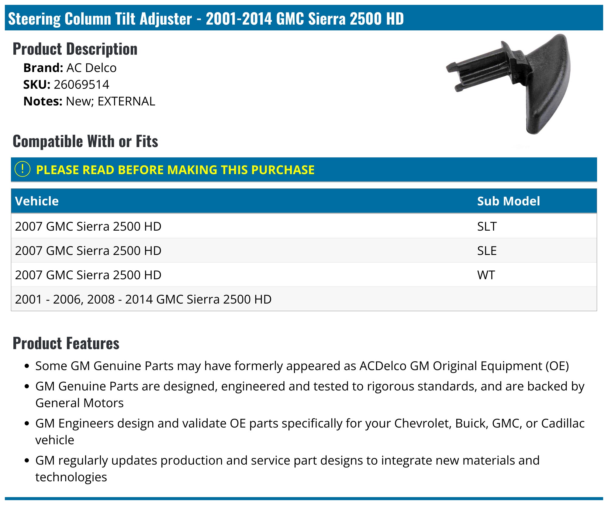 2001-2014 GMC Sierra 2500 HD Steering Column Tilt Adjuster - AC Delco ...