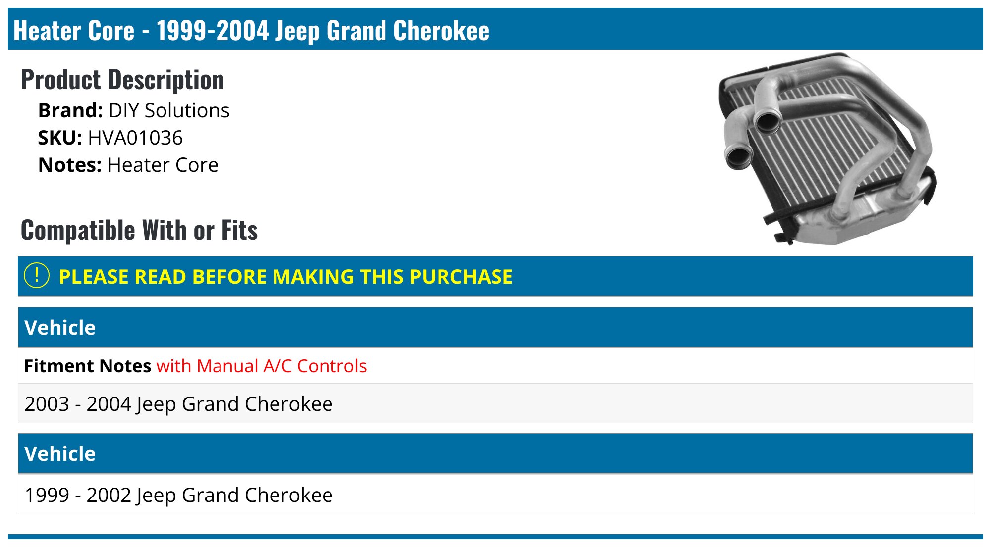 1999-2004 Jeep Grand Cherokee Heater Core - DIY Solutions HVA01036 ...