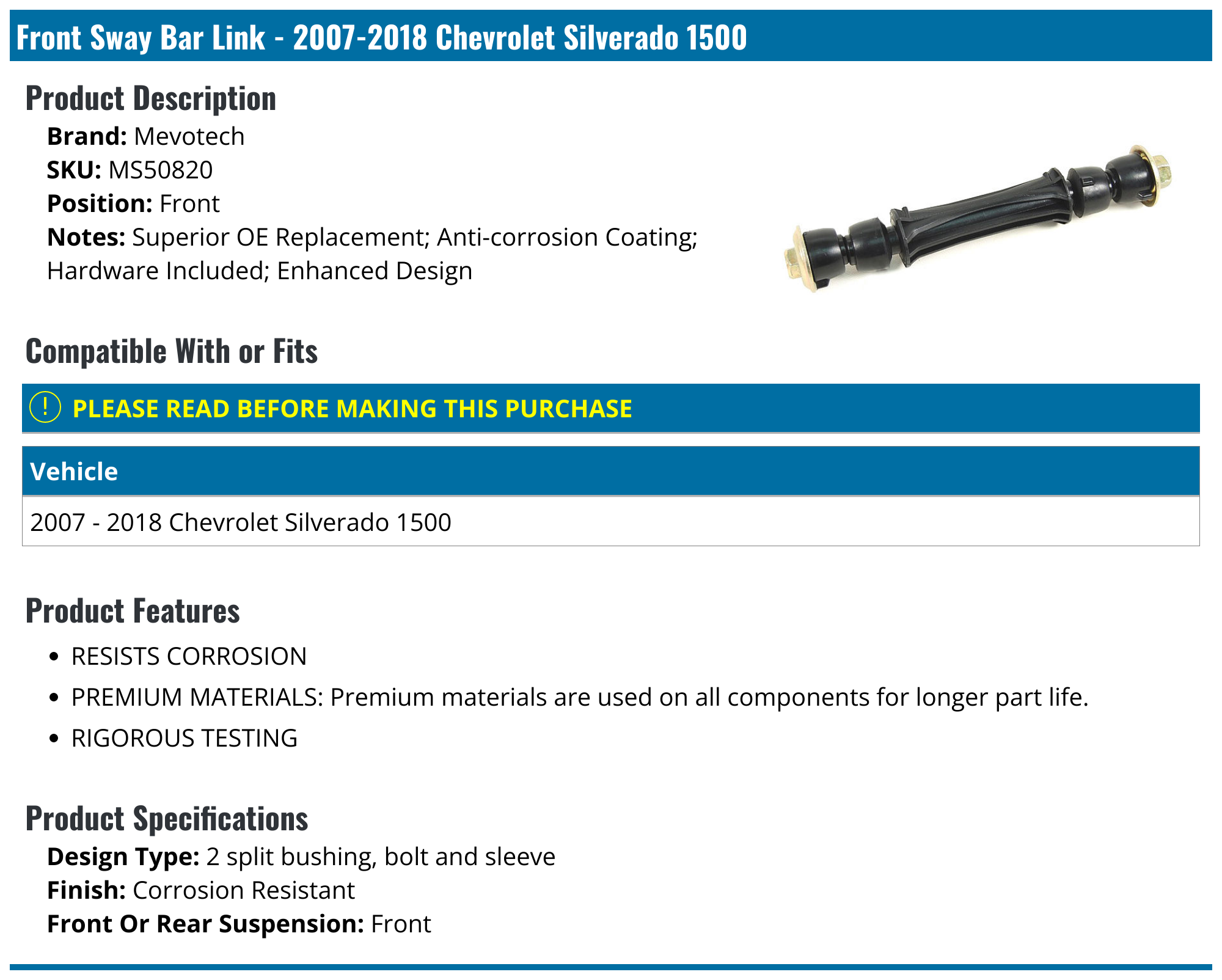2007-2018 Chevrolet Silverado 1500 Sway Bar Link - Mevotech MS50820 ...