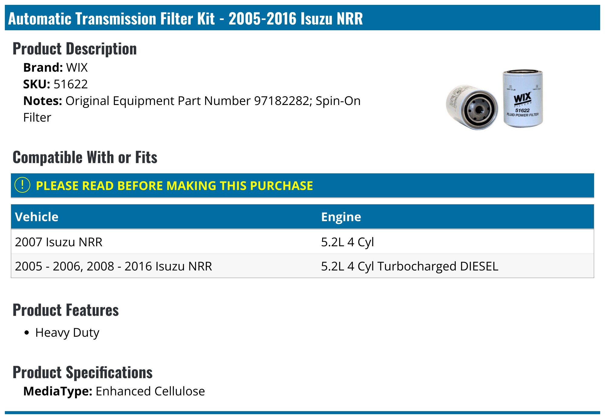 2005-2016 Isuzu NRR Automatic Transmission Filter - WIX 51622 ...