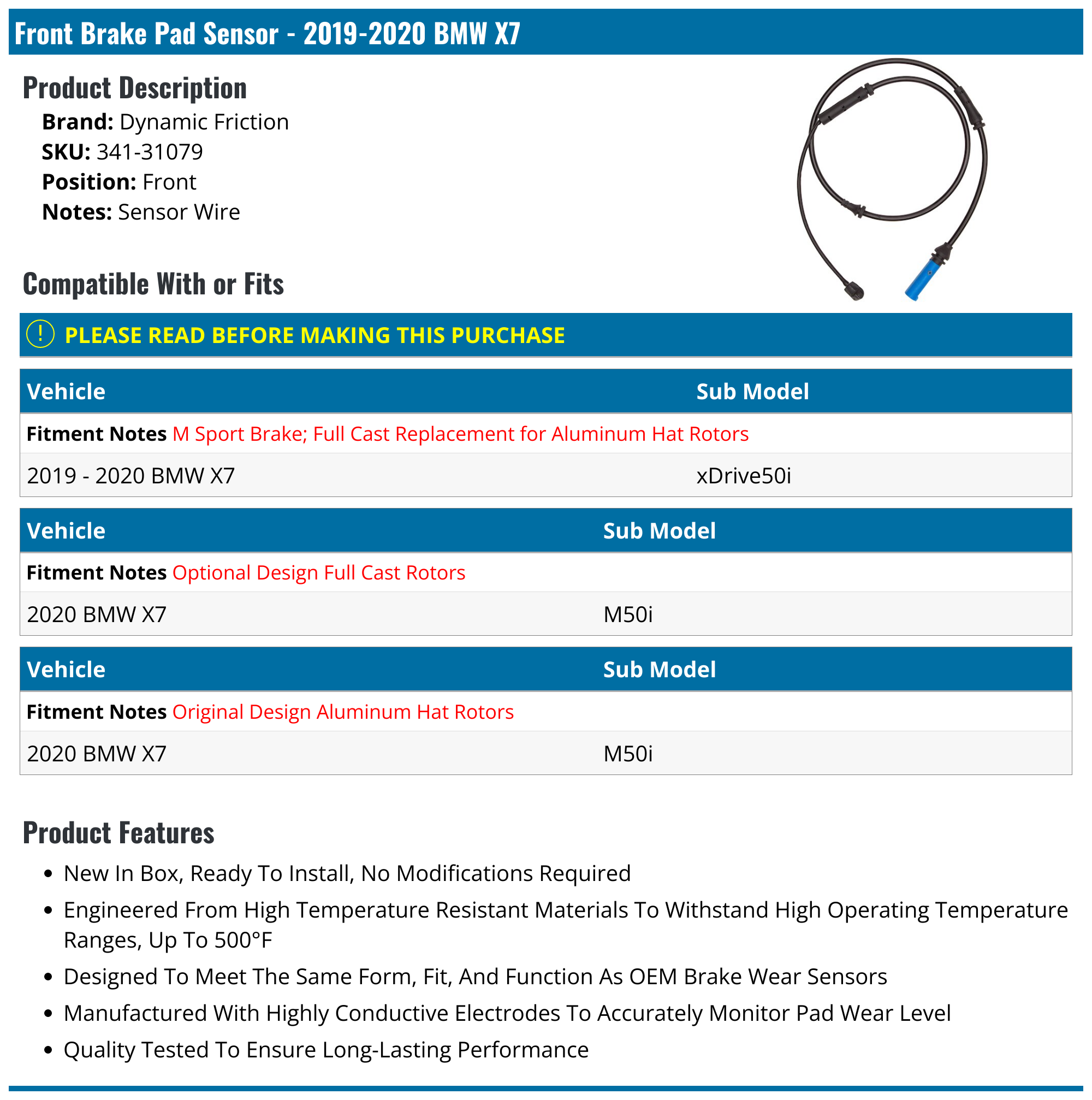 2019-2020 BMW X7 Brake Pad Sensor - Dynamic Friction 341-31079 - Front ...