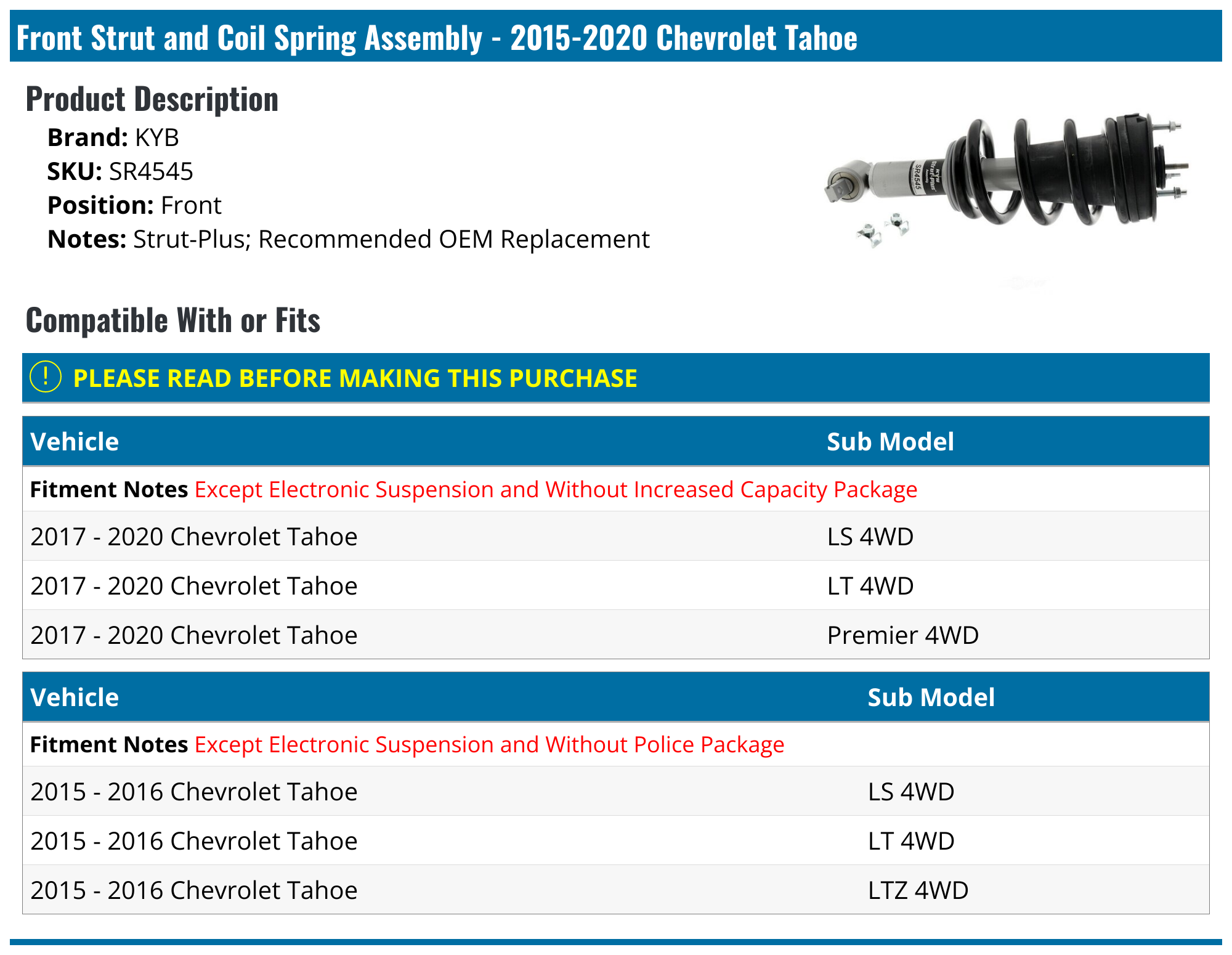 2015-2020 Chevrolet Tahoe Strut Assembly - KYB SR4545 - Front ...