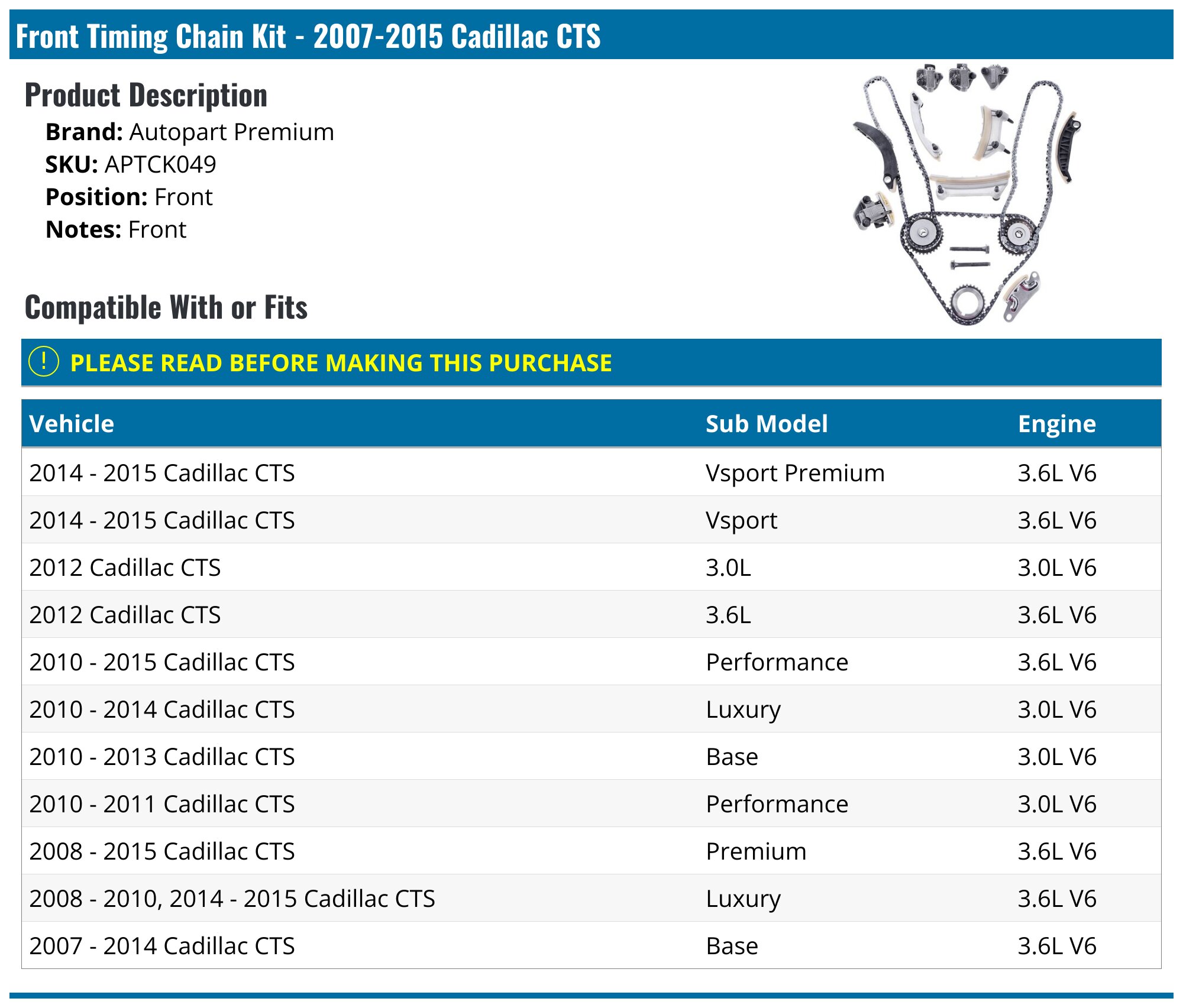 2007-2015 Cadillac CTS Timing Chain - Autopart Premium APTCK049 - Front ...