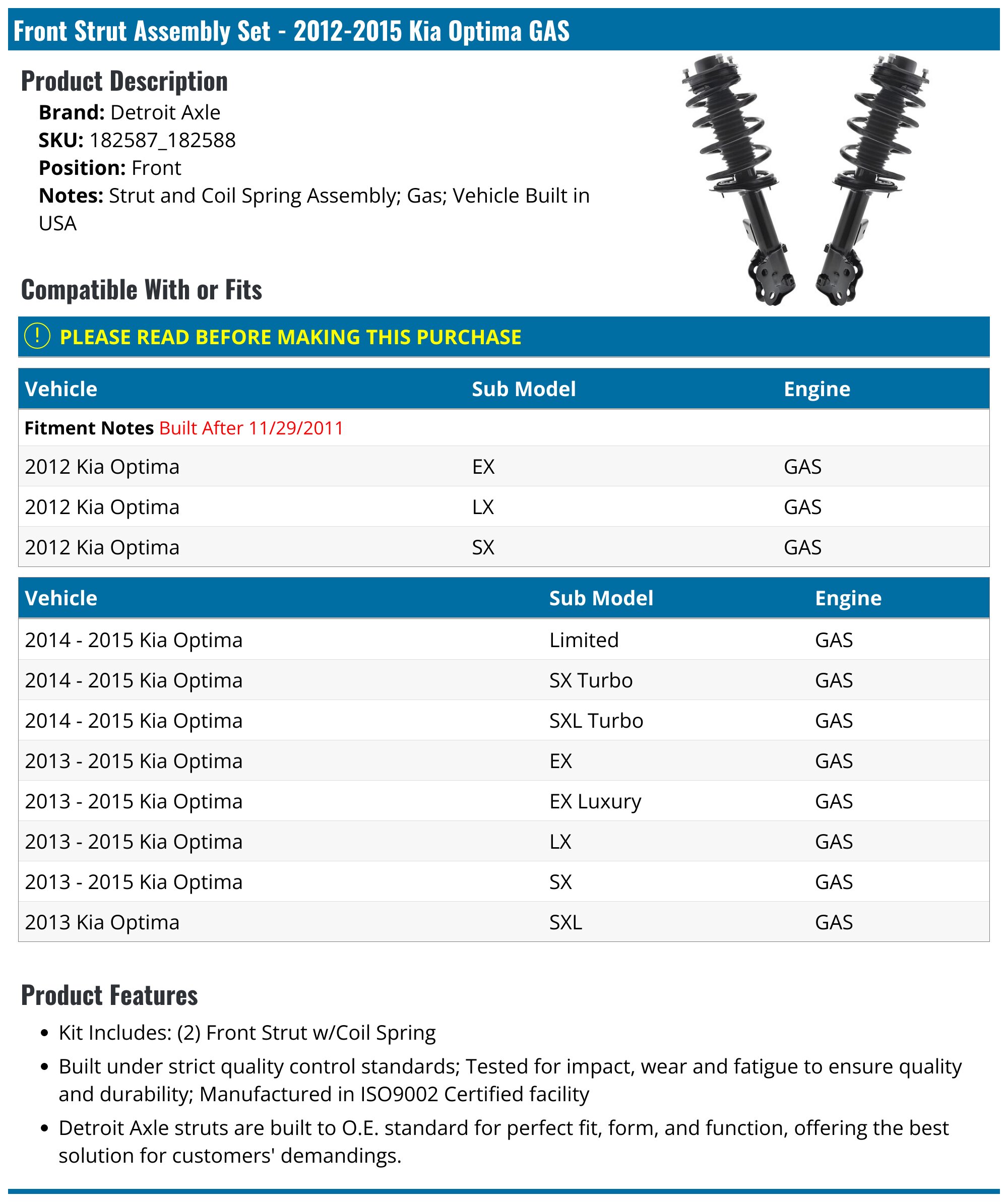 2012-2015 Kia Optima Strut Assembly - Detroit Axle 182587_182588 ...