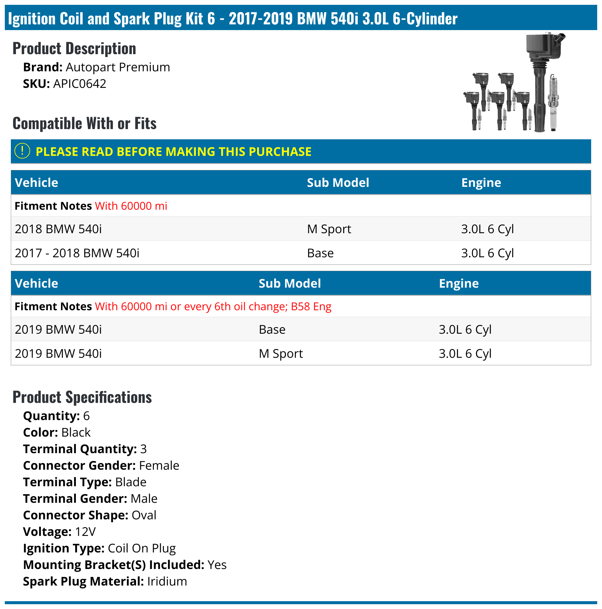 2017-2019 BMW 540i Ignition Coil - Autopart Premium APIC0642 ...