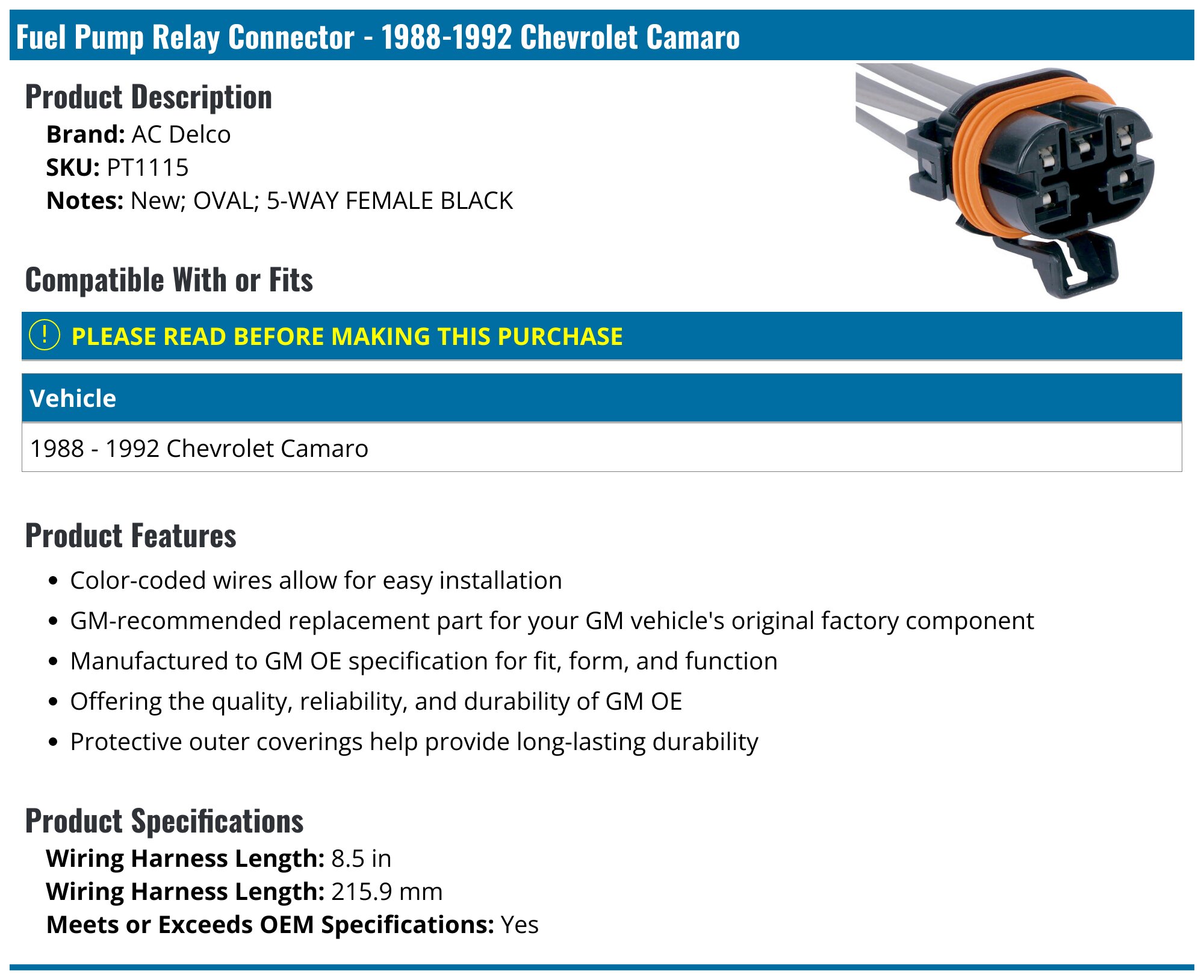 1988-1992 Chevrolet Camaro Fuel Pump Relay Connector - AC Delco PT1115 ...