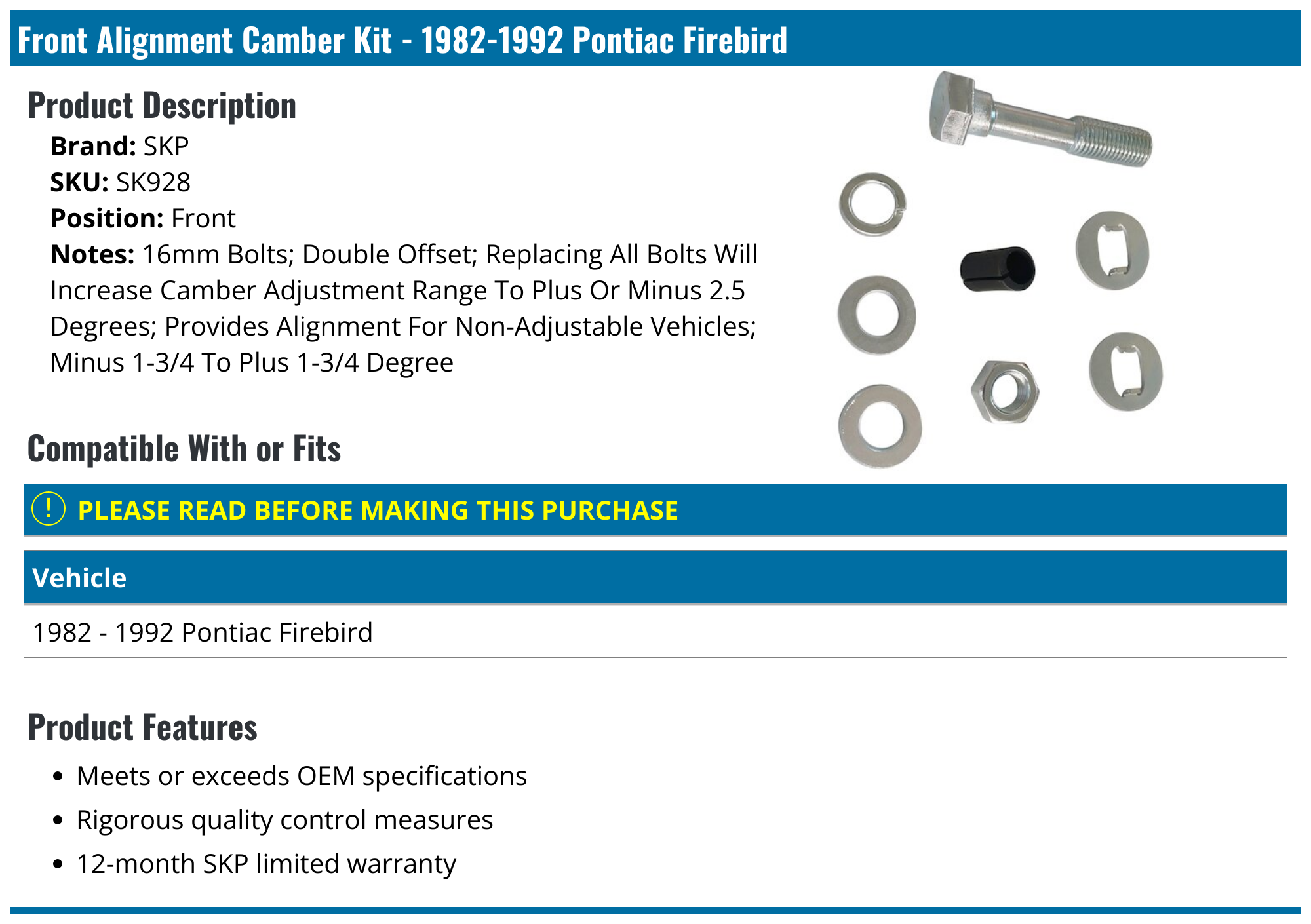 1982-1992 Pontiac Firebird Alignment Camber Kit - SKP SK928 - Front ...