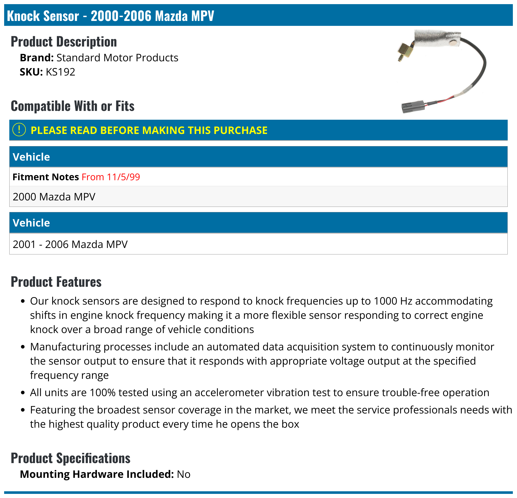 2000-2006 Mazda MPV Knock Sensor - Standard Motor Products KS192 ...