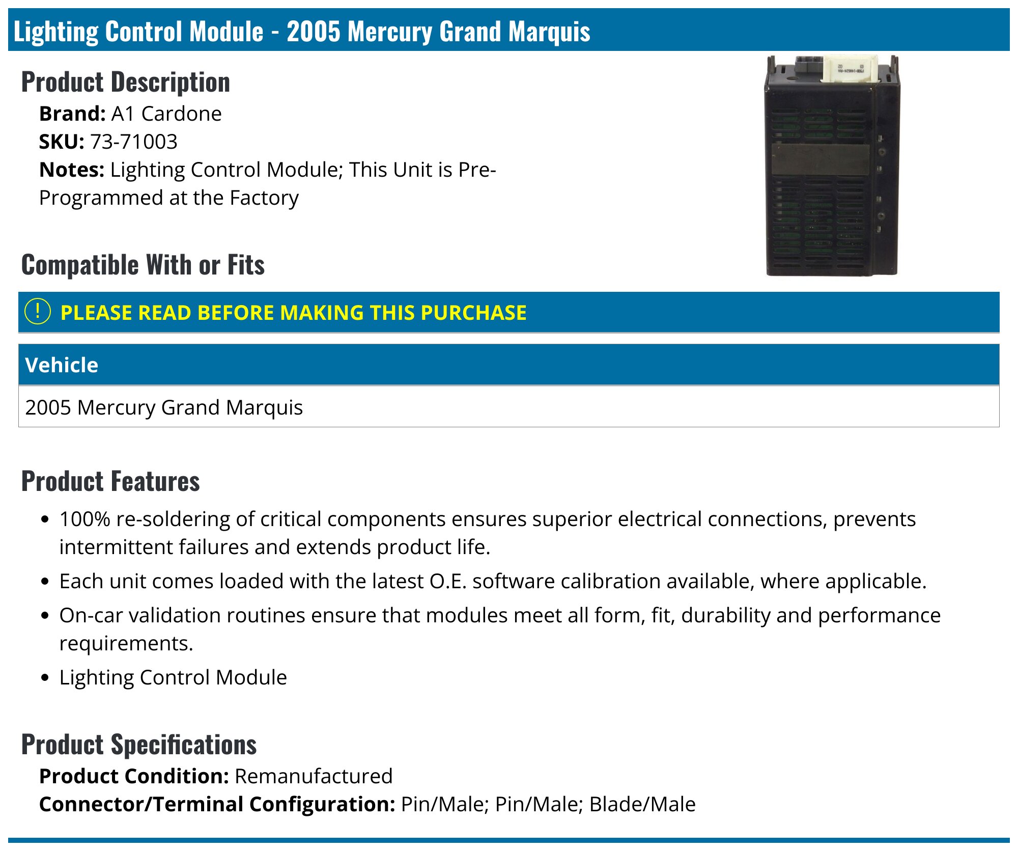 2005 Mercury Grand Marquis Lighting Control Module - A1 Cardone 73 ...