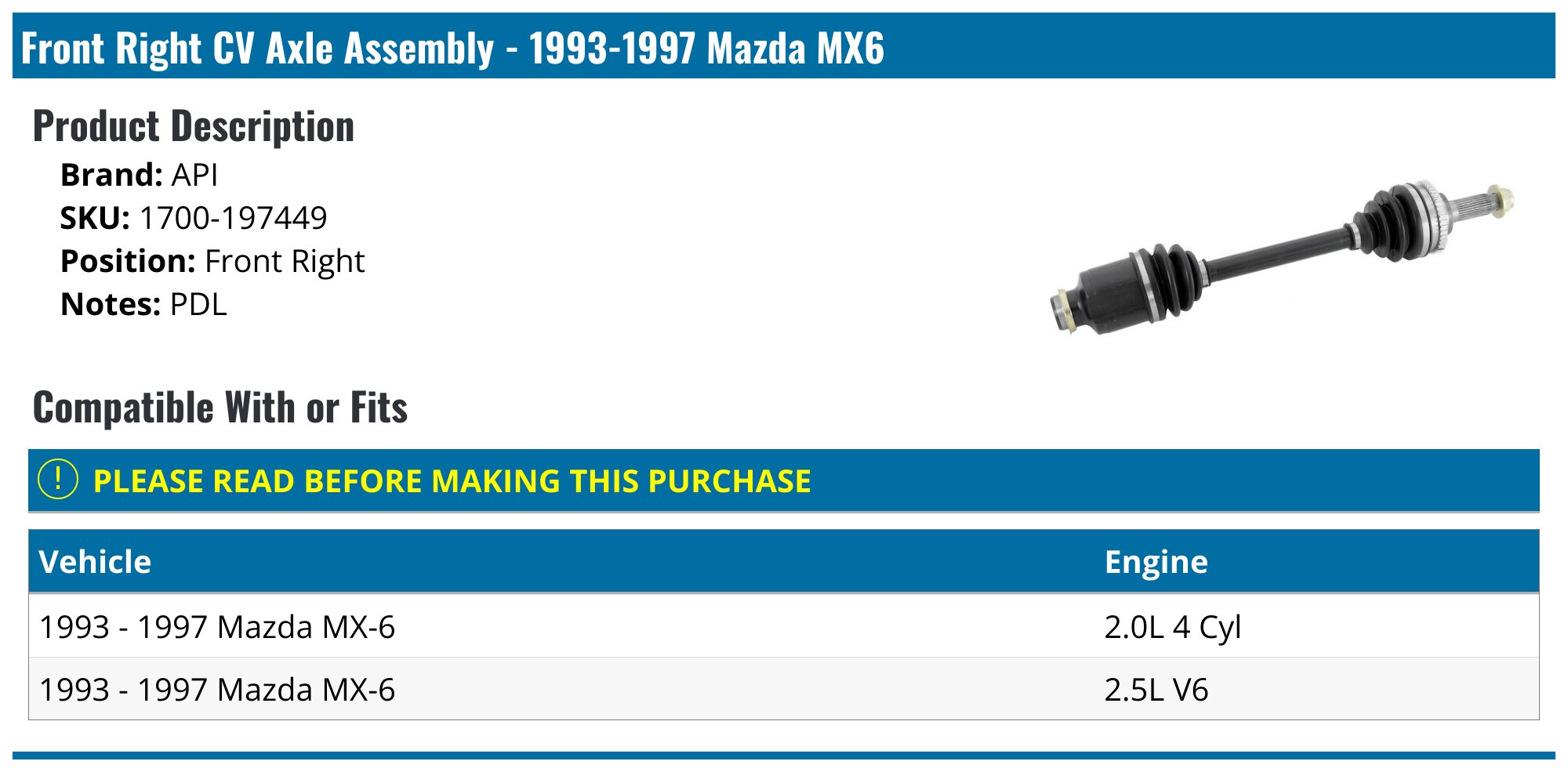 1993-1997 Mazda MX6 Axle Assembly - API 8552-07796153 - Front Right ...