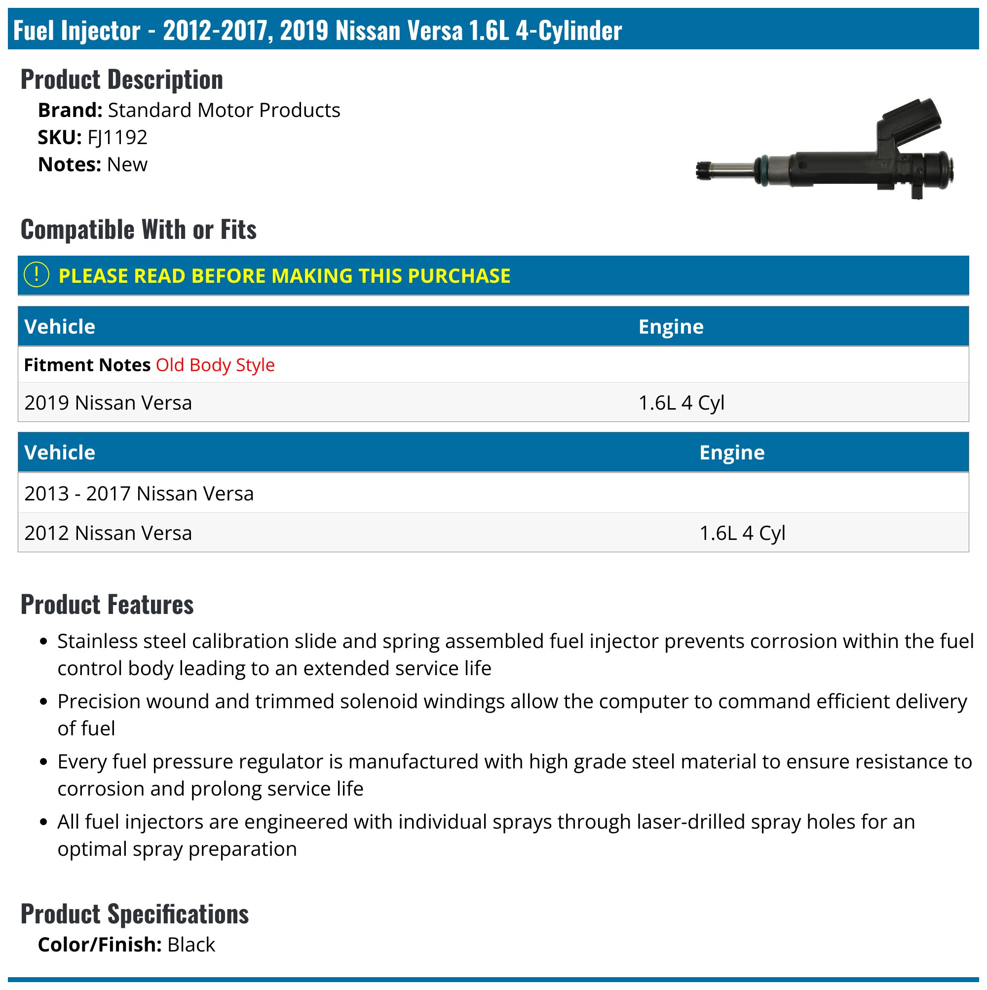 2012-2016, 2019 Nissan Versa Fuel Injector - Standard Motor Products ...