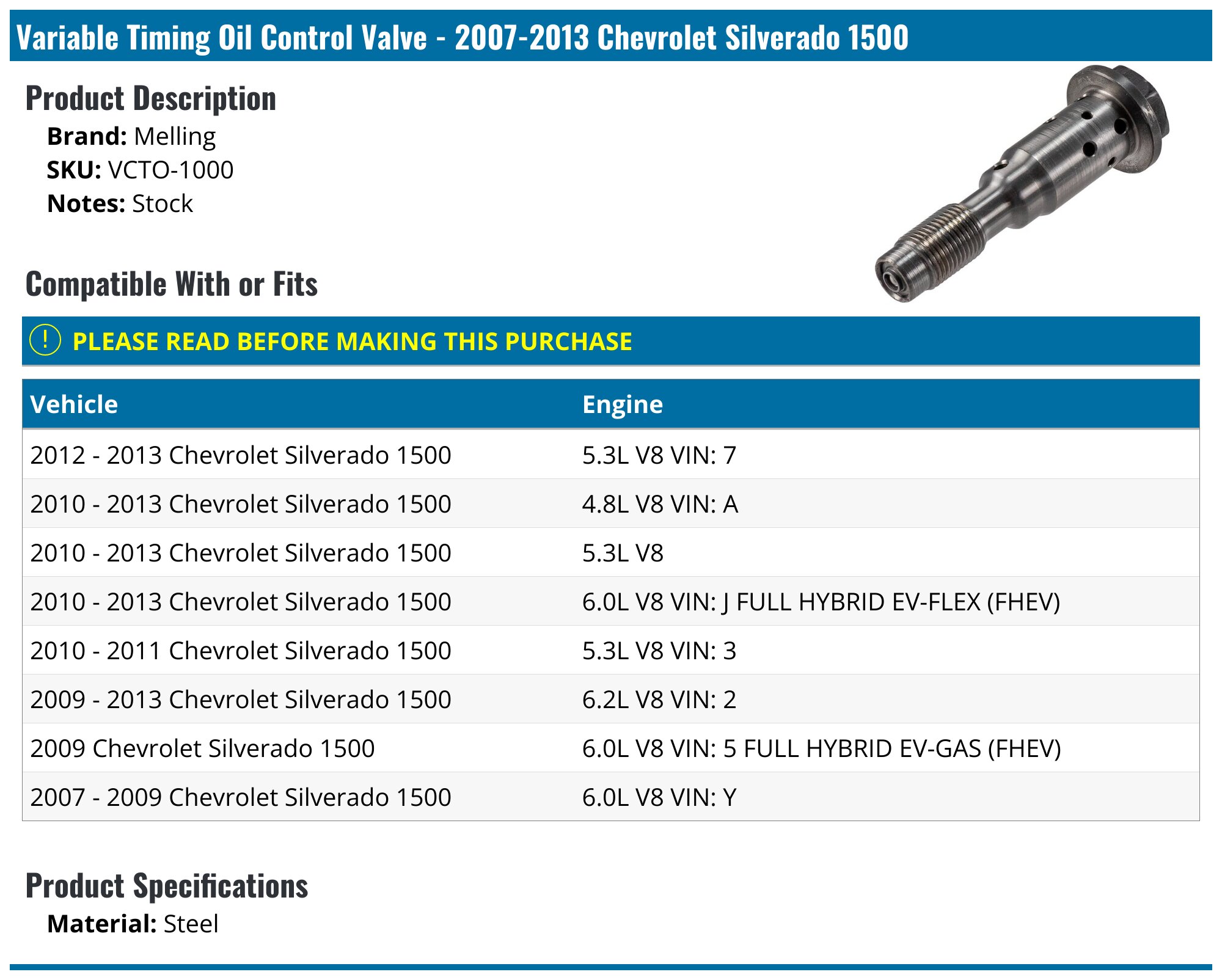 2007-2013 Chevrolet Silverado 1500 Variable Timing Oil Control Valve ...