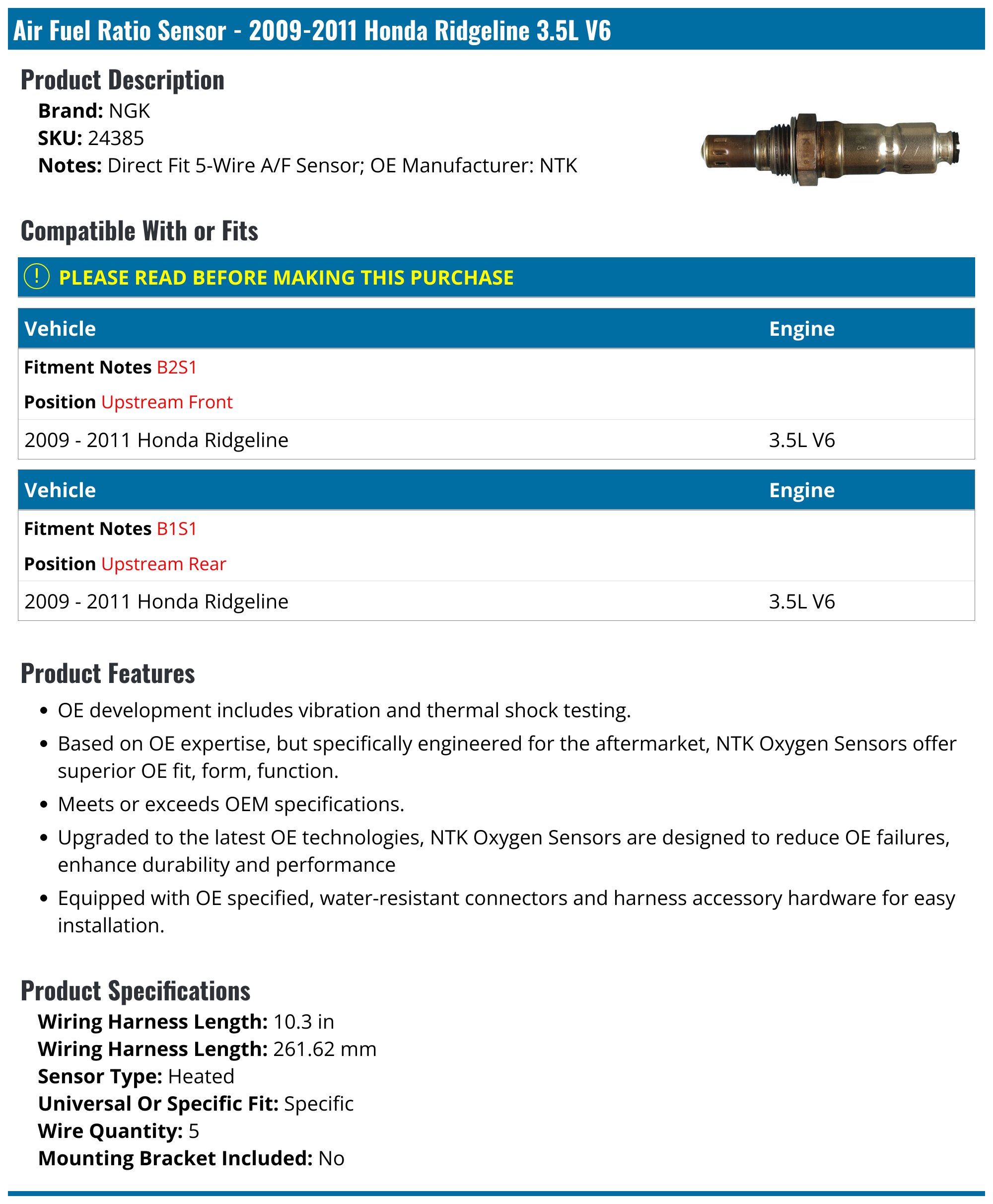 2009-2011 Honda Ridgeline Oxygen Sensor - NGK 24385 - Upstream Rear ...