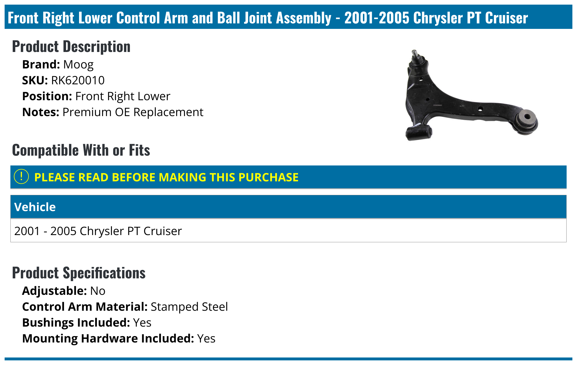 2001-2005 Chrysler PT Cruiser Control Arm - Moog RK620010 - Front Right ...