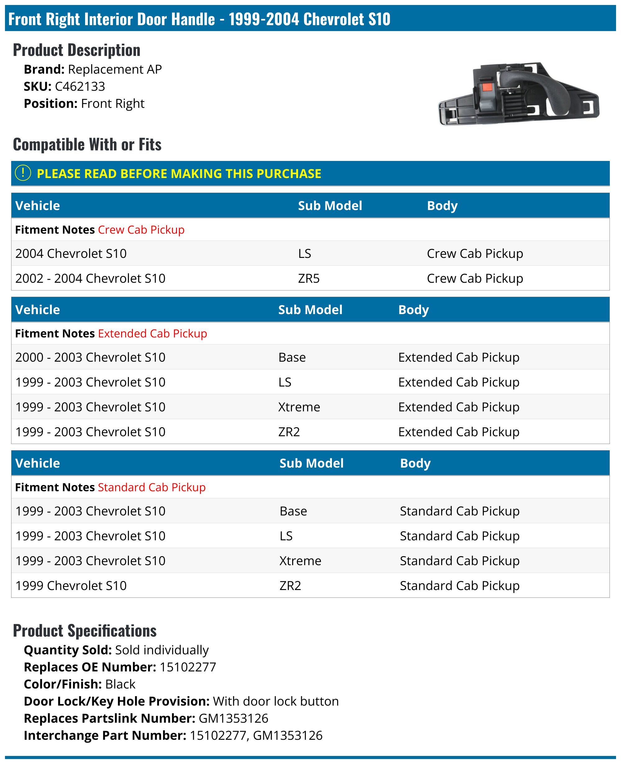 1999-2004 Chevrolet S10 Door Handle - Replacement AP C462133 - Front ...