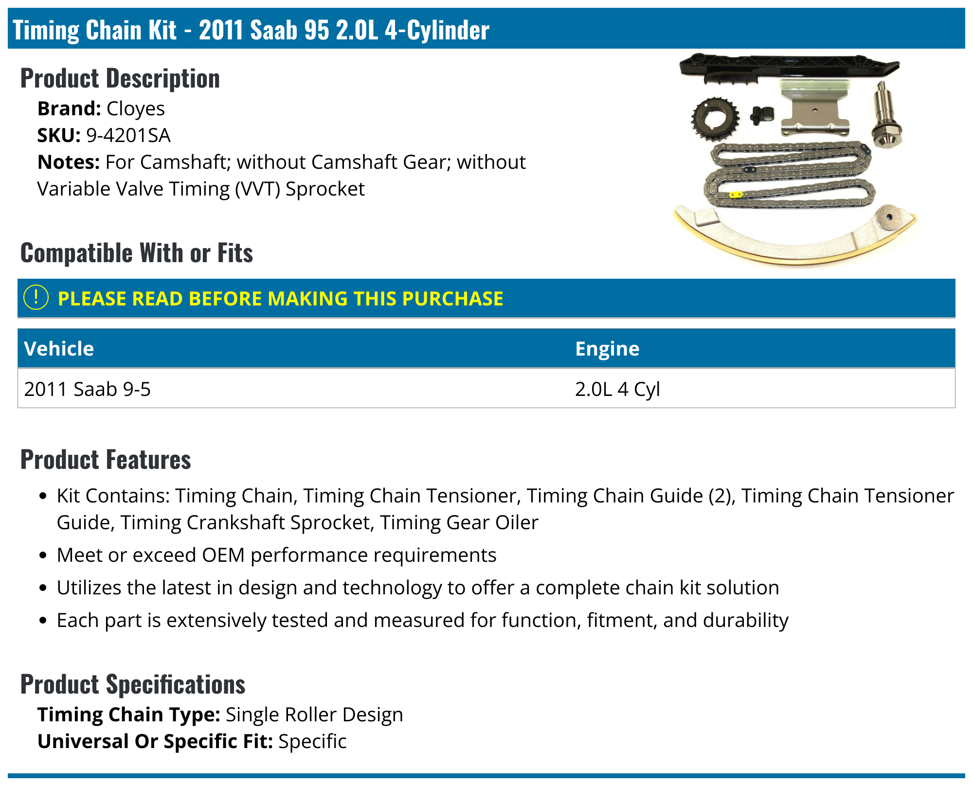 2011 Saab 95 Timing Chain - Cloyes 9-4201SA - PartsGeek.com