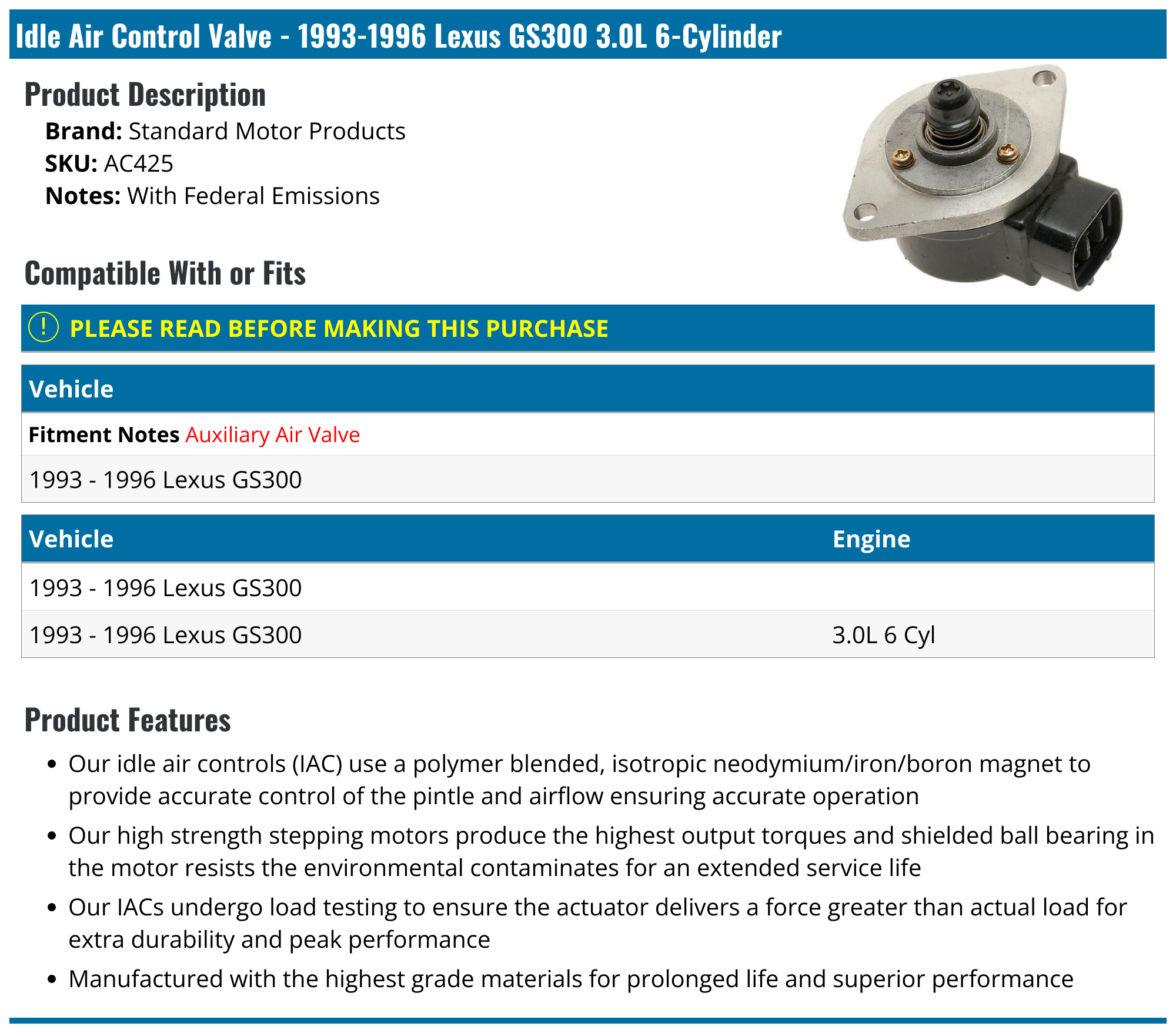 1993-1996 Lexus GS300 Idle Control Valve - Standard Motor Products ...