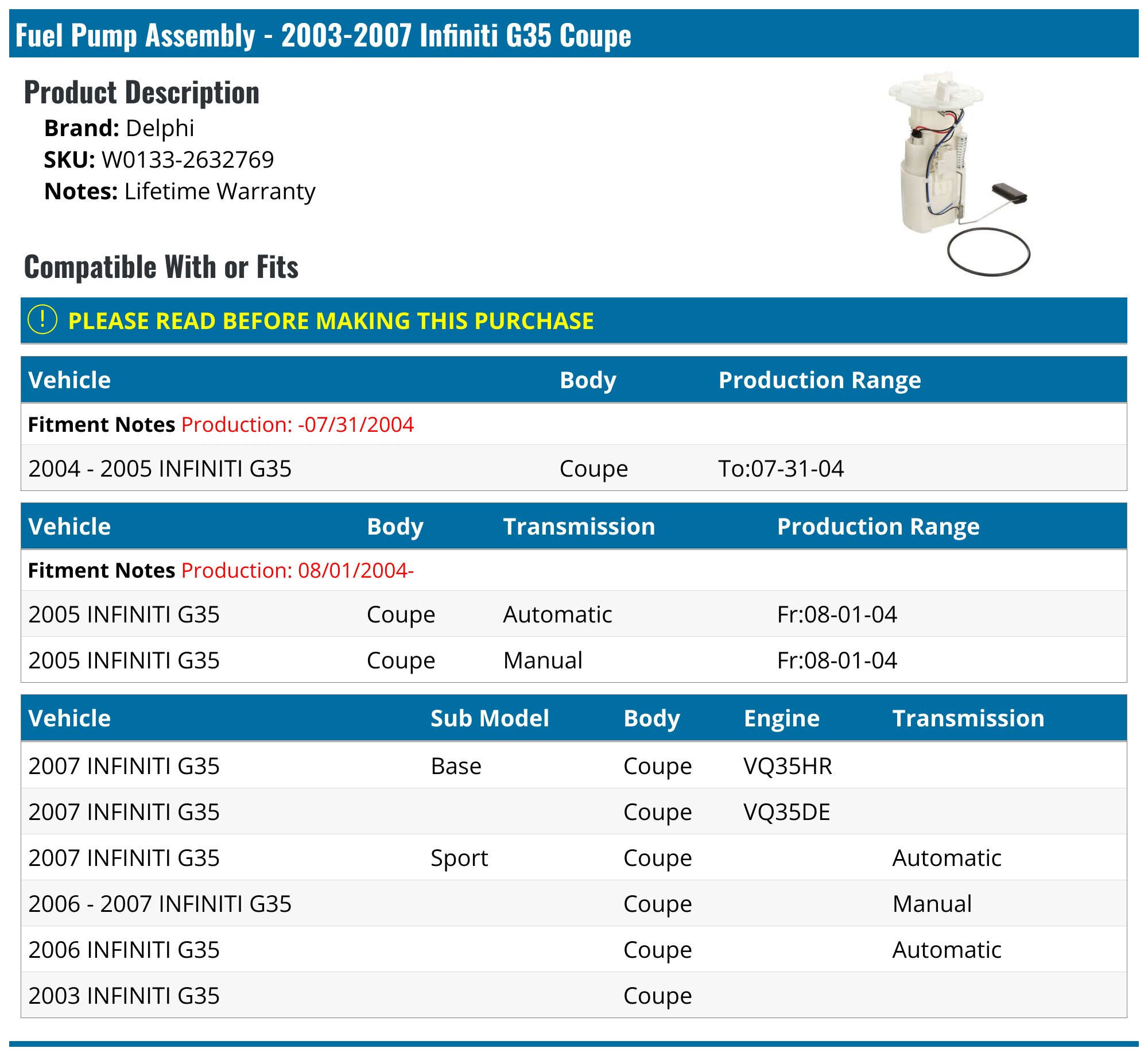 2003-2007 Infiniti G35 Fuel Pump - Delphi W0133-2632769 - PartsGeek.com