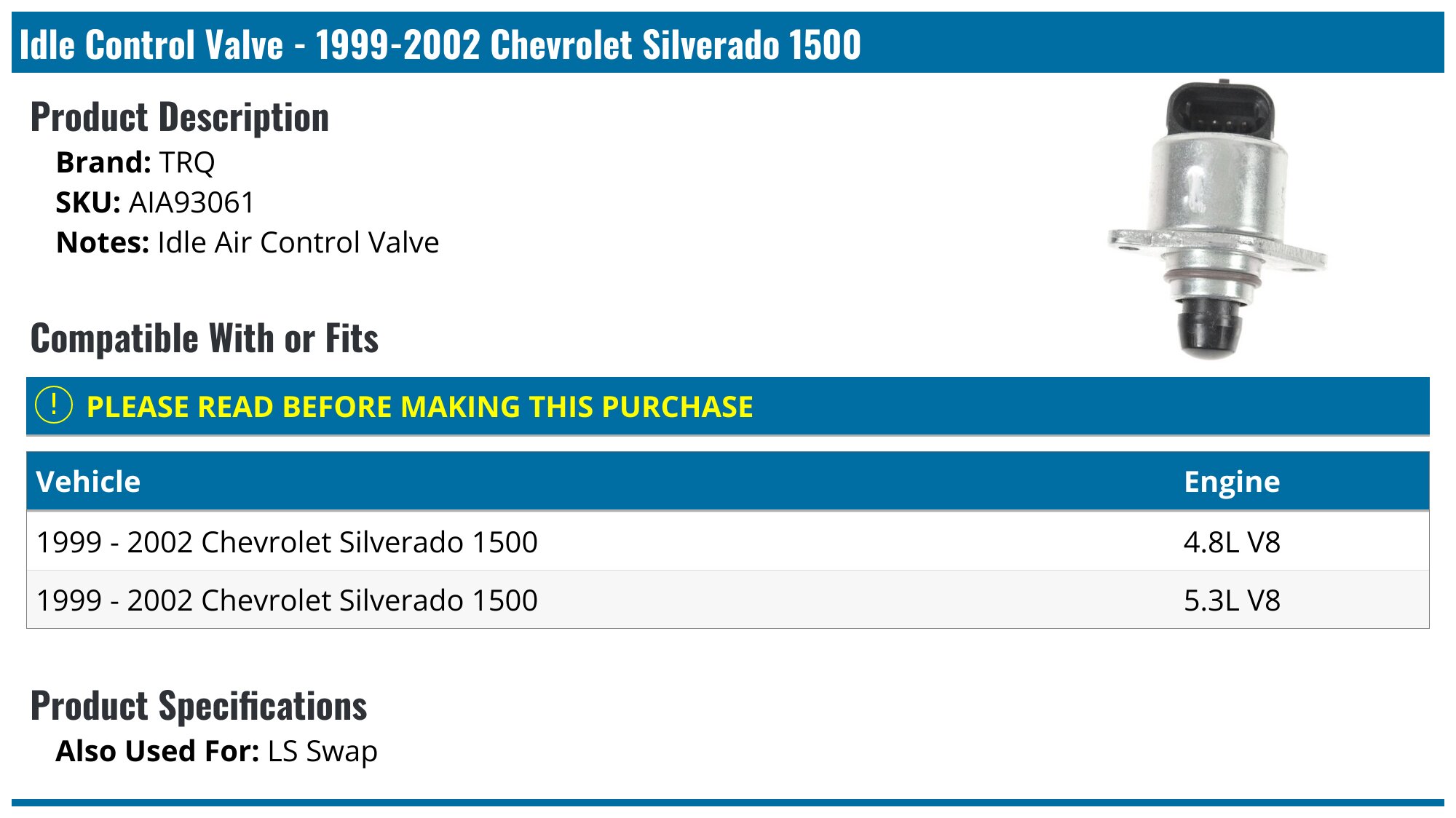 1999 2002 Chevrolet Silverado 1500 Idle Control Valve Trq Aia93061