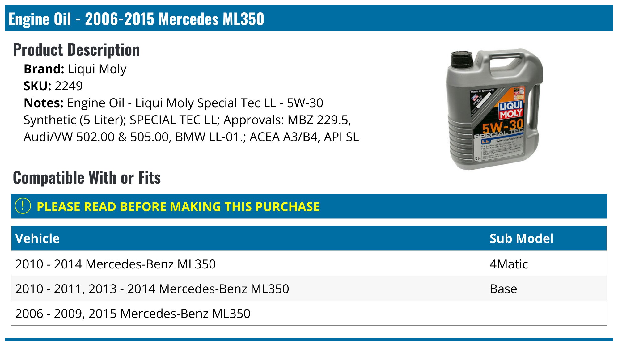 2006-2015 Mercedes ML350 Engine Oil - Liqui Moly 2249 - PartsGeek.com