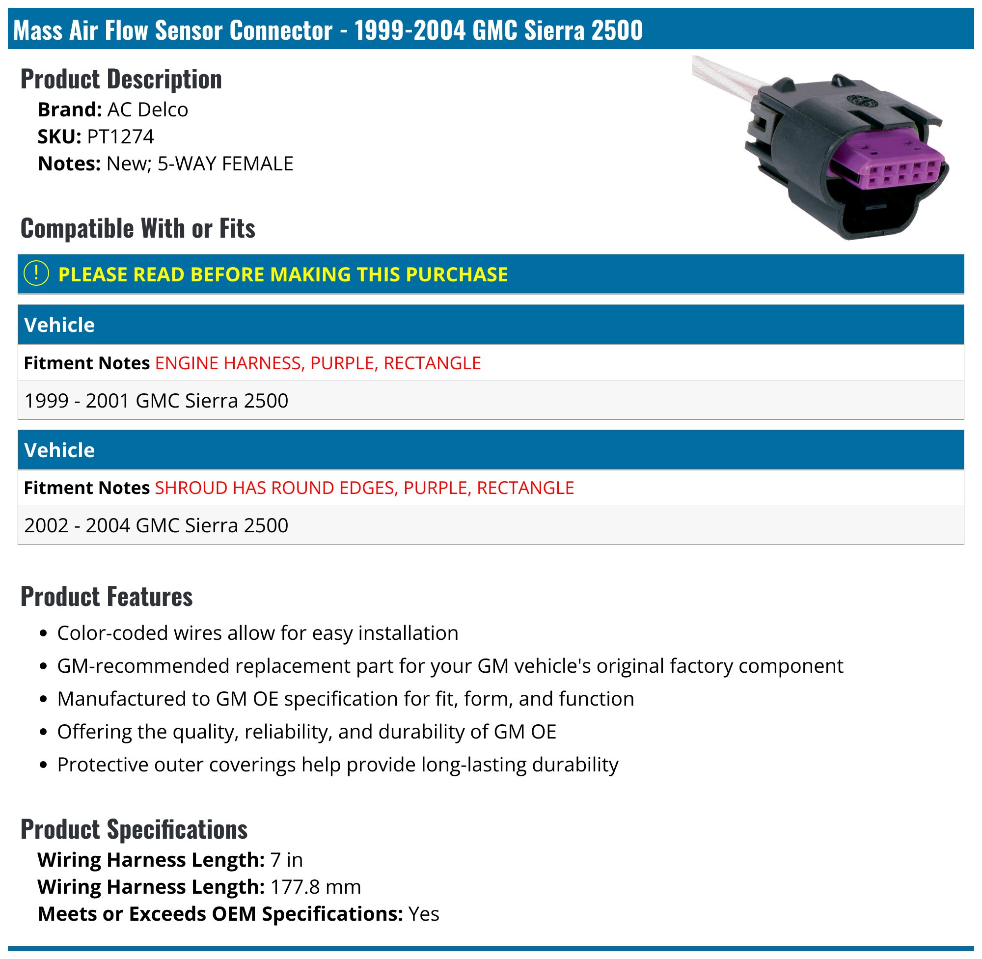 1999-2004 GMC Sierra 2500 Mass Air Flow Sensor Connector - AC Delco ...