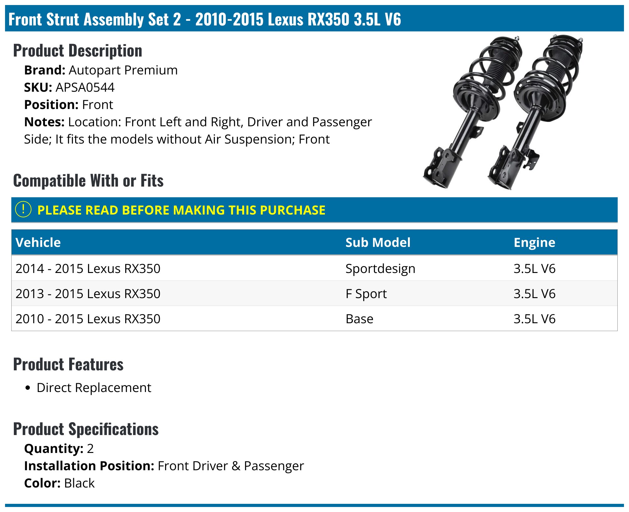 2010-2015 Lexus RX350 Strut Assembly - Autopart Premium APSA0544 ...