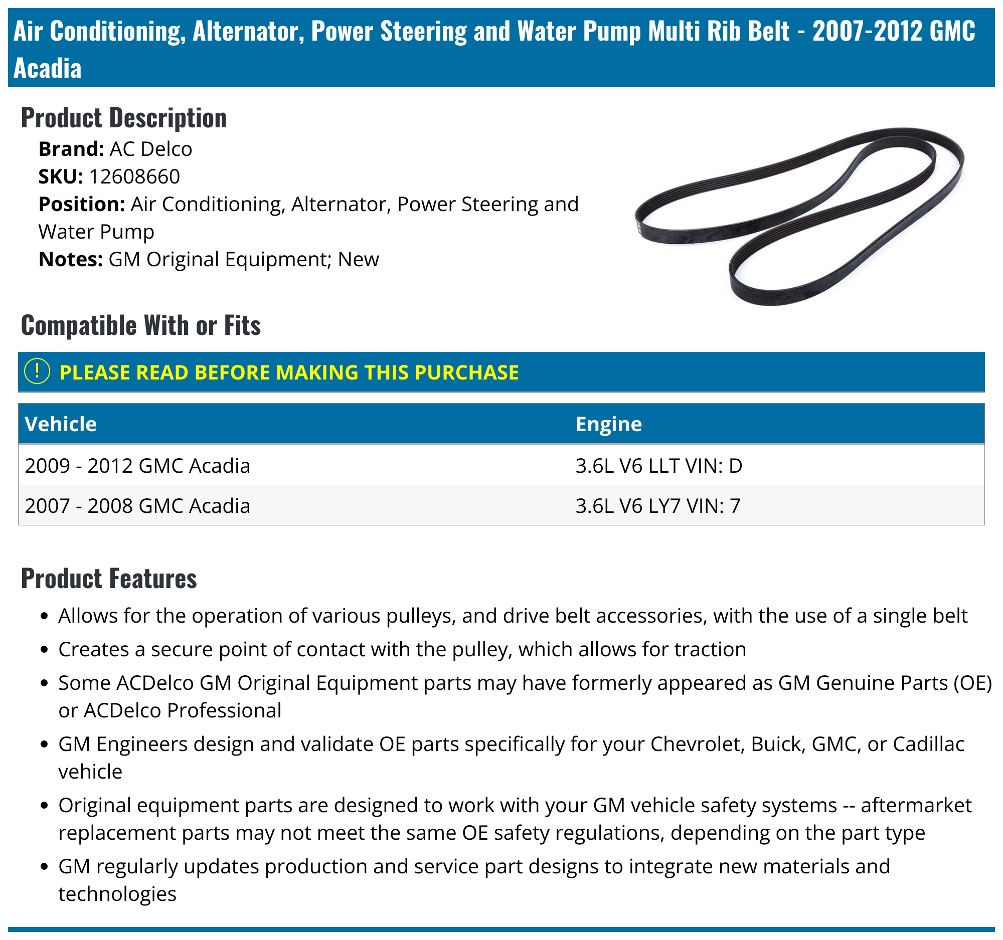 2007-2012 GMC Acadia Multi Rib Belt - AC Delco 12608660 - Air ...