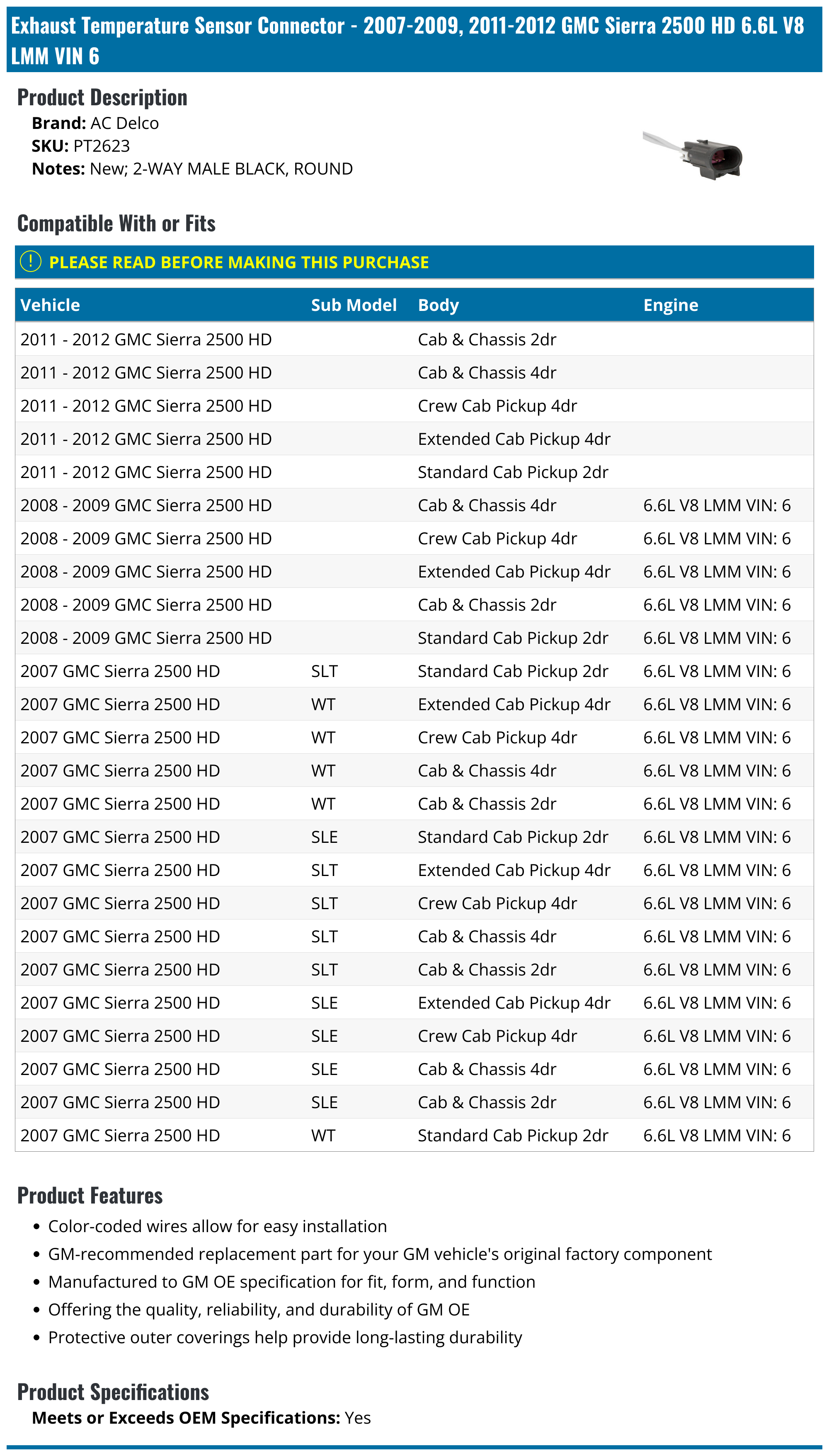 2007-2009, 2011-2012 GMC Sierra 2500 HD Exhaust Temperature Sensor ...