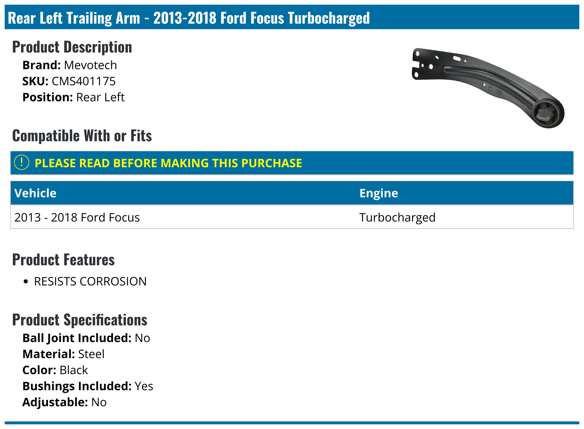 2013-2018 Ford Focus Trailing Arm - Mevotech CMS401175 - Rear Left ...