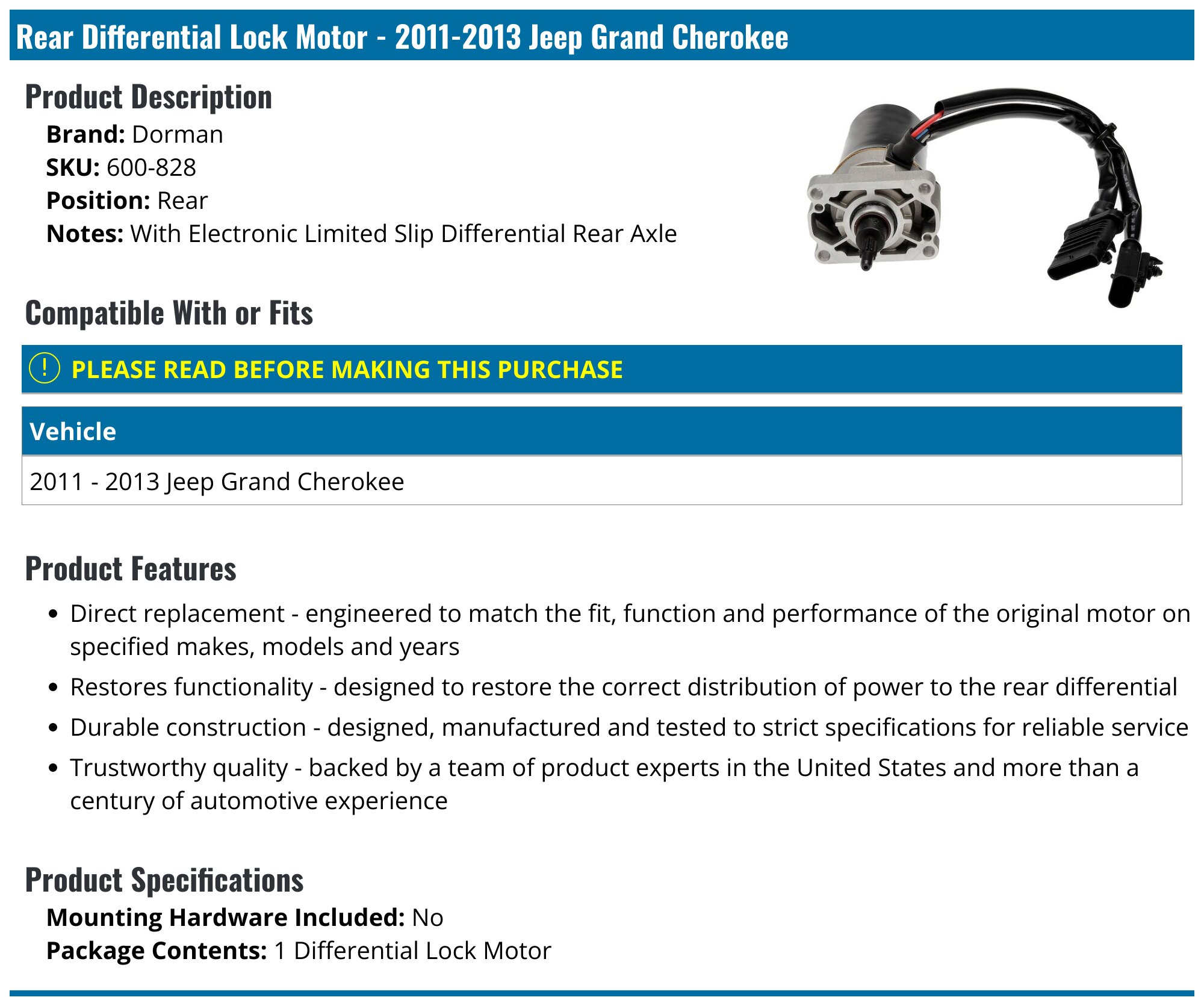 2011-2013 Jeep Grand Cherokee Differential Lock Motor - Dorman 600-828 ...