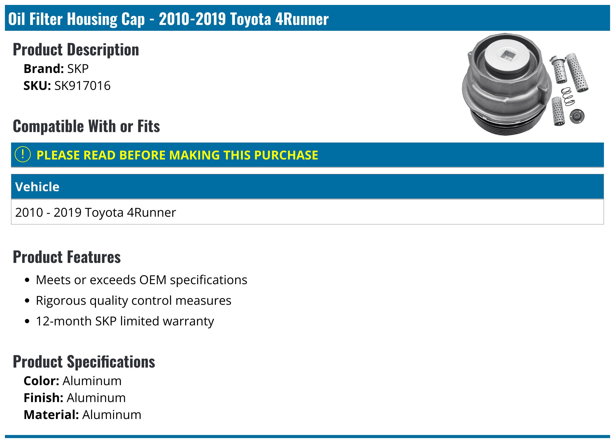 2010-2024 Toyota 4Runner Oil Filter Housing Cap - SKP SK917016 ...