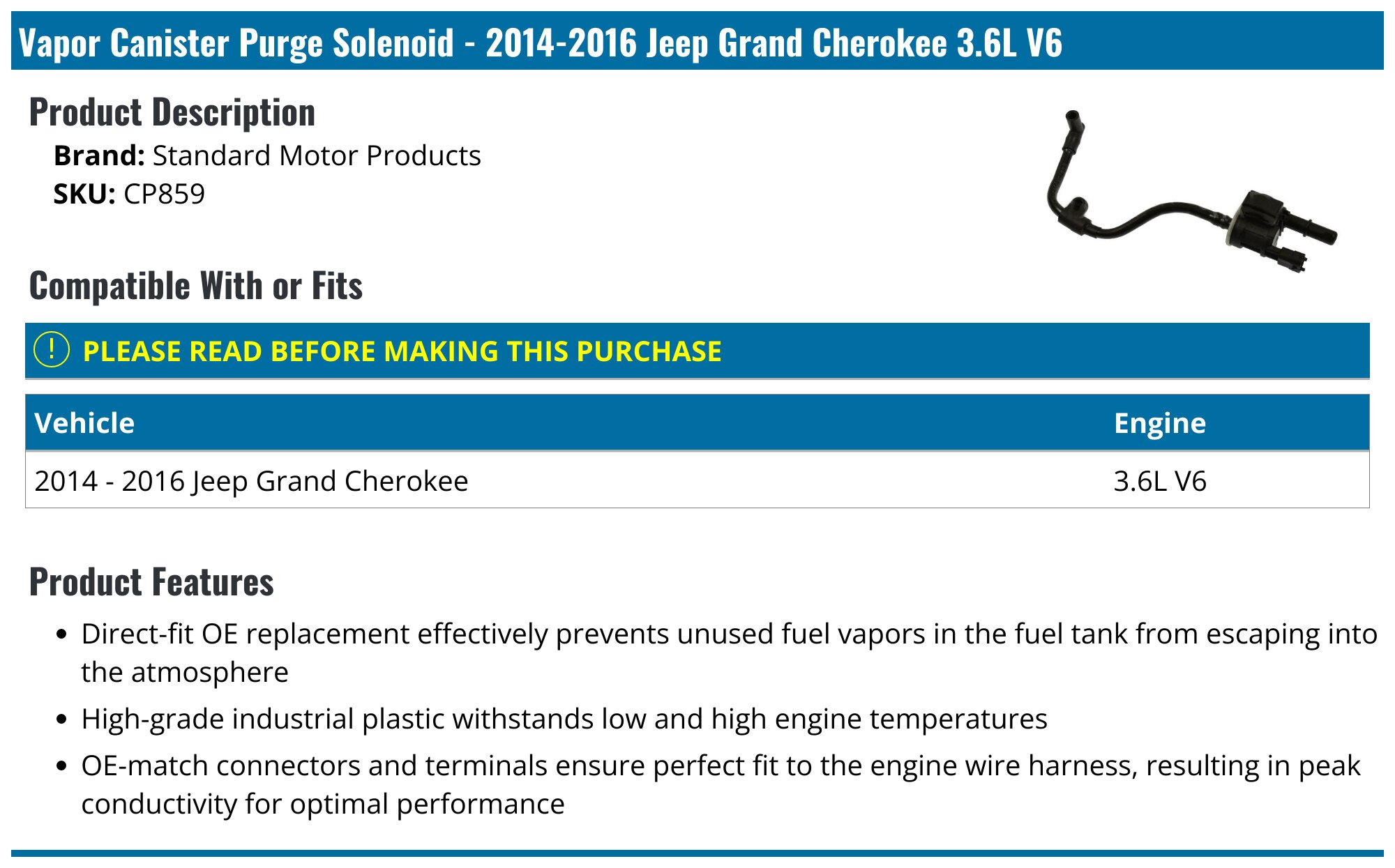 2014-2016 Jeep Grand Cherokee Vapor Canister Purge Solenoid - Standard ...