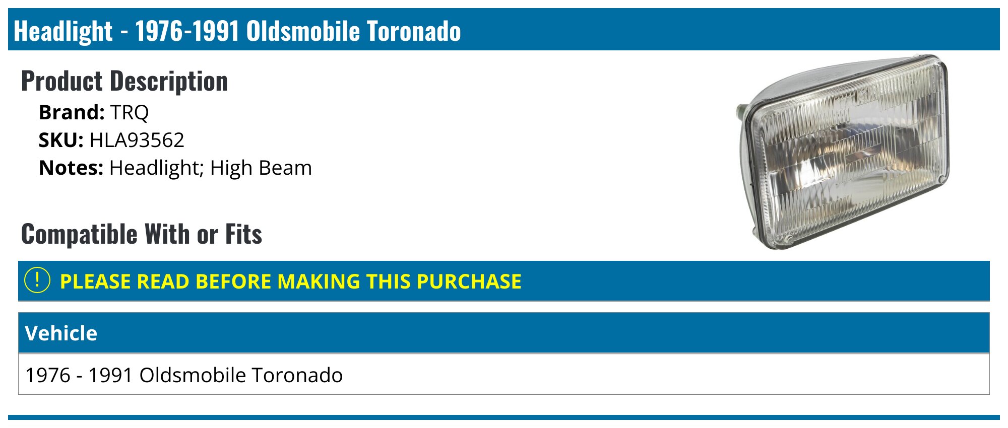 1976-1991 Oldsmobile Toronado Headlight Assembly - TRQ HLA93562 - Right ...