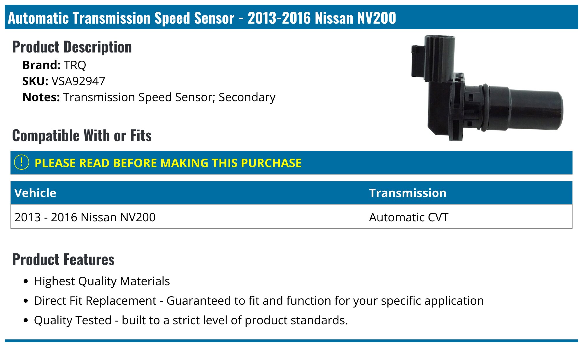 2013-2016 Nissan NV200 Automatic Transmission Speed Sensor - TRQ ...