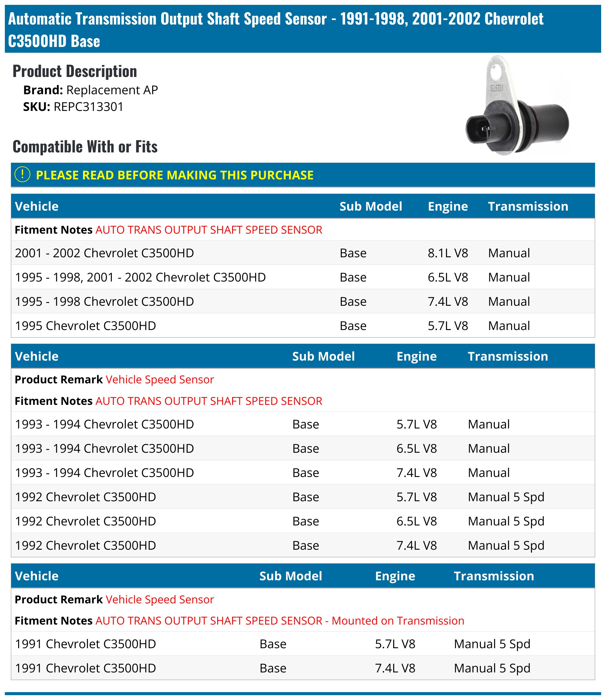 1995-2002 Chevrolet C3500HD Automatic Transmission Output Shaft Speed ...