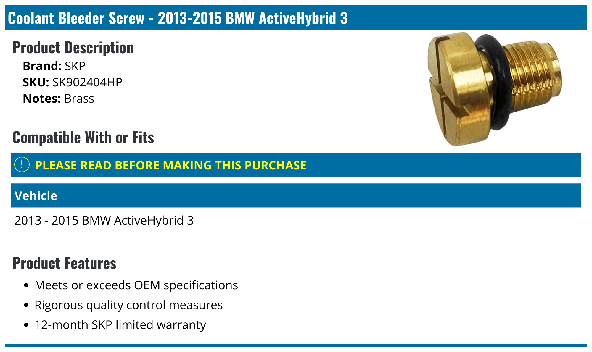 2013-2015 BMW ActiveHybrid 3 Coolant Bleeder Screw - SKP SK902404HP ...