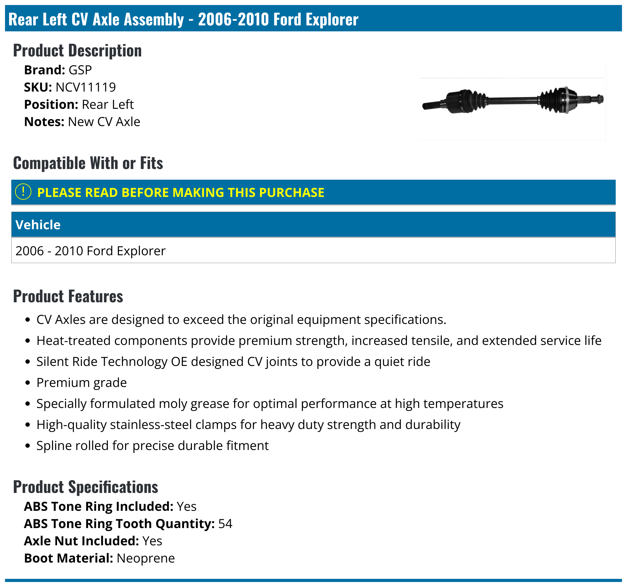 2006-2010 Ford Explorer Axle Assembly - GSP NCV11119 - Rear Left ...