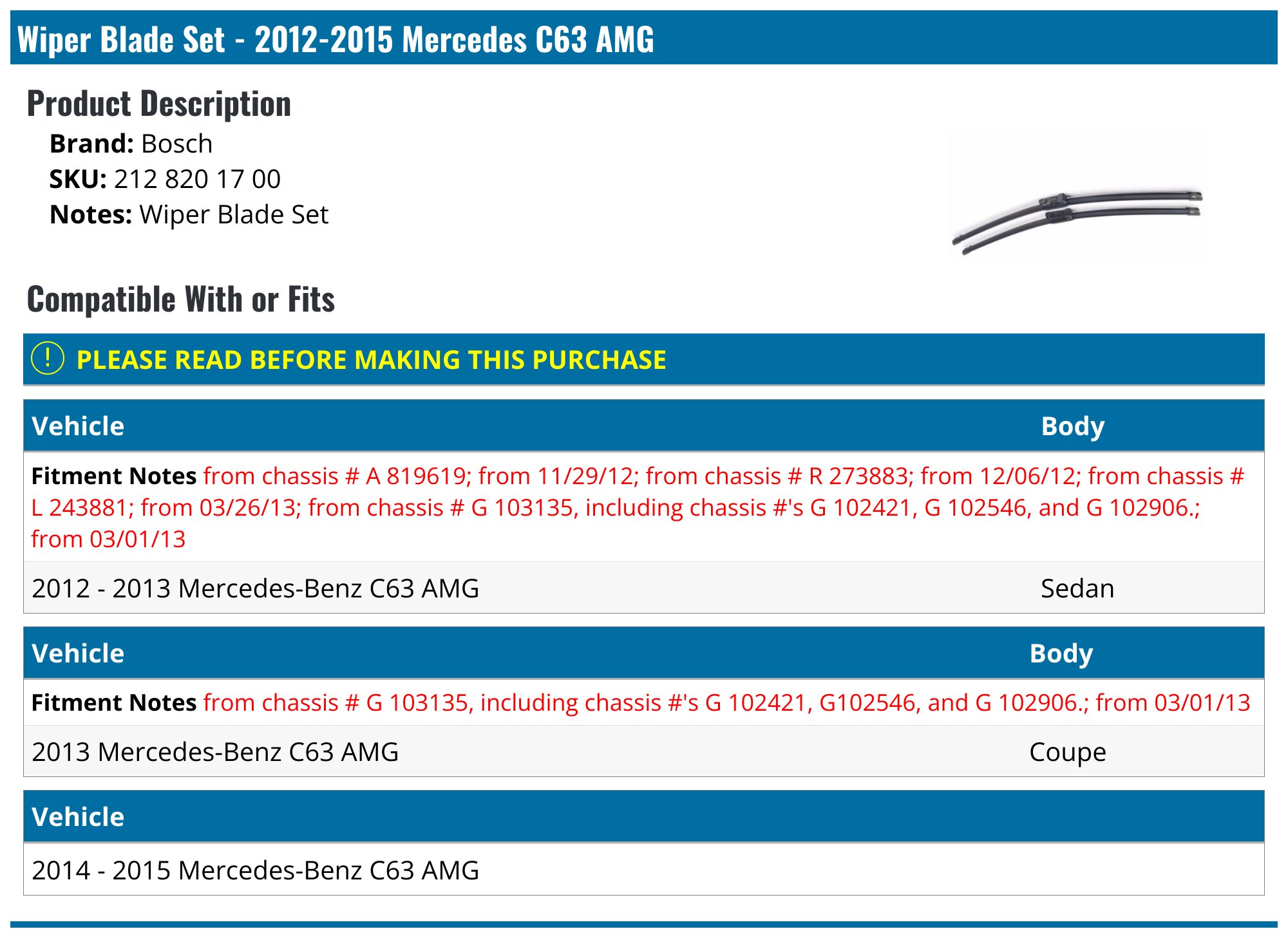 2012-2015 Mercedes C63 AMG Wiper Blade - Bosch 212 820 17 00 ...